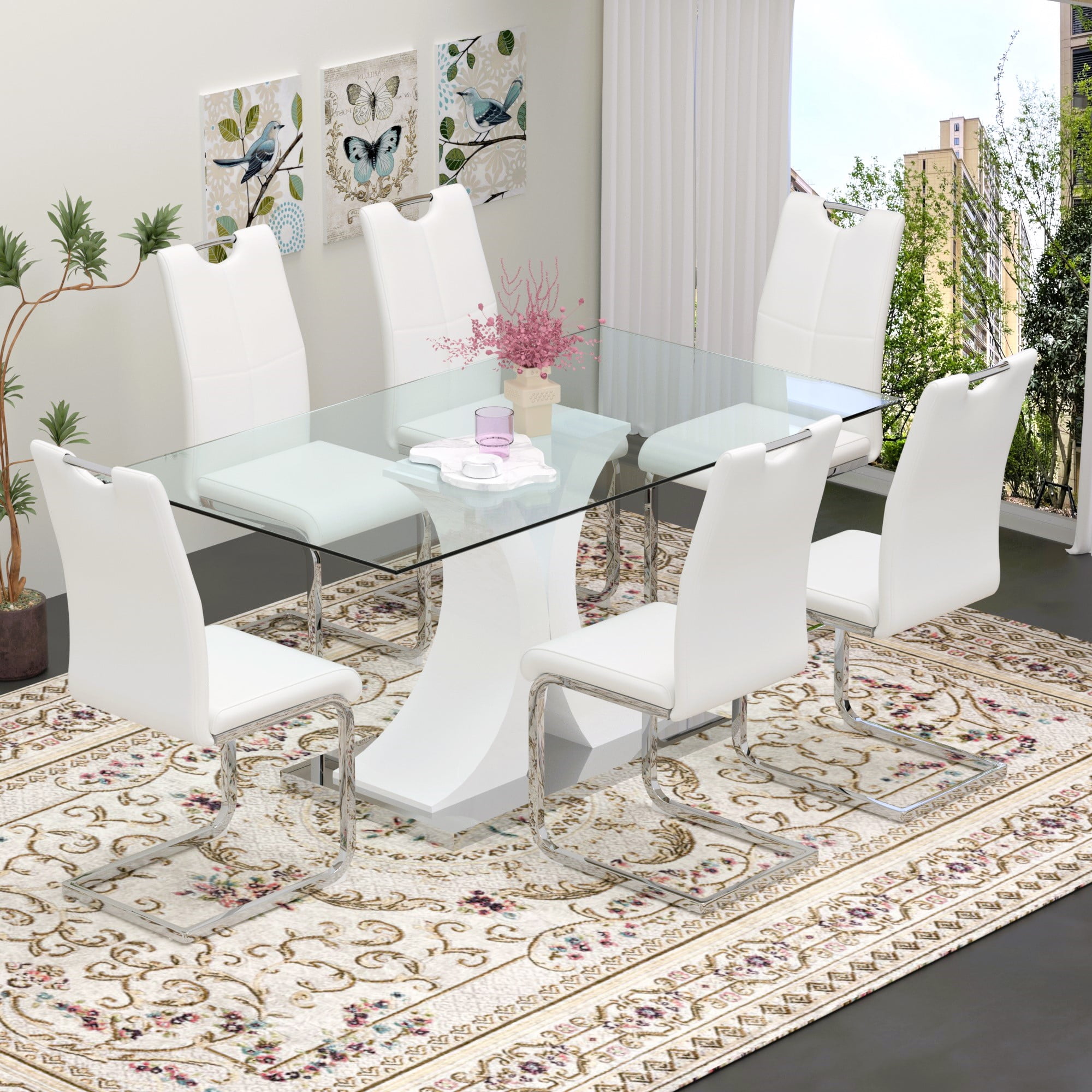 Sumdeal 63" rectangle Modern Glass Top Dining Room Table Sets for 6 ...