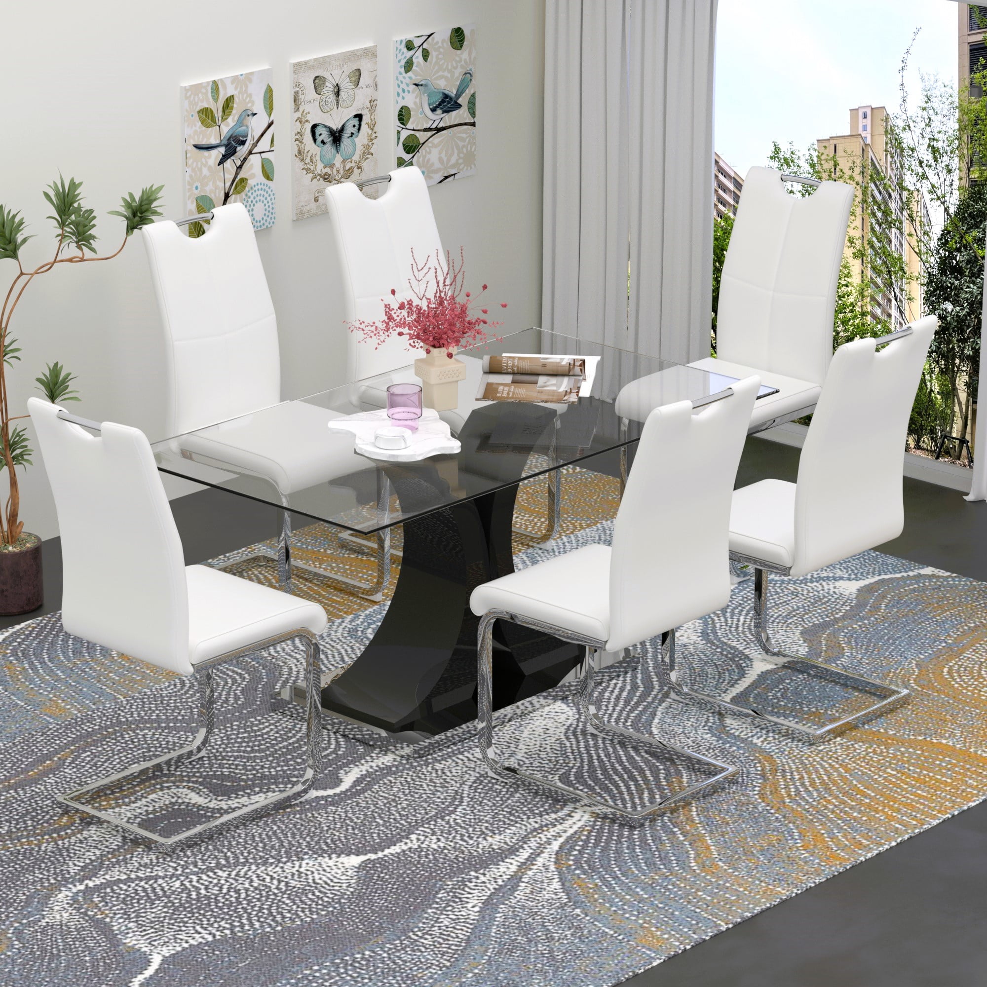 Sumdeal 63" rectangle Modern Glass Top Dining Room Table Sets for 6 ...