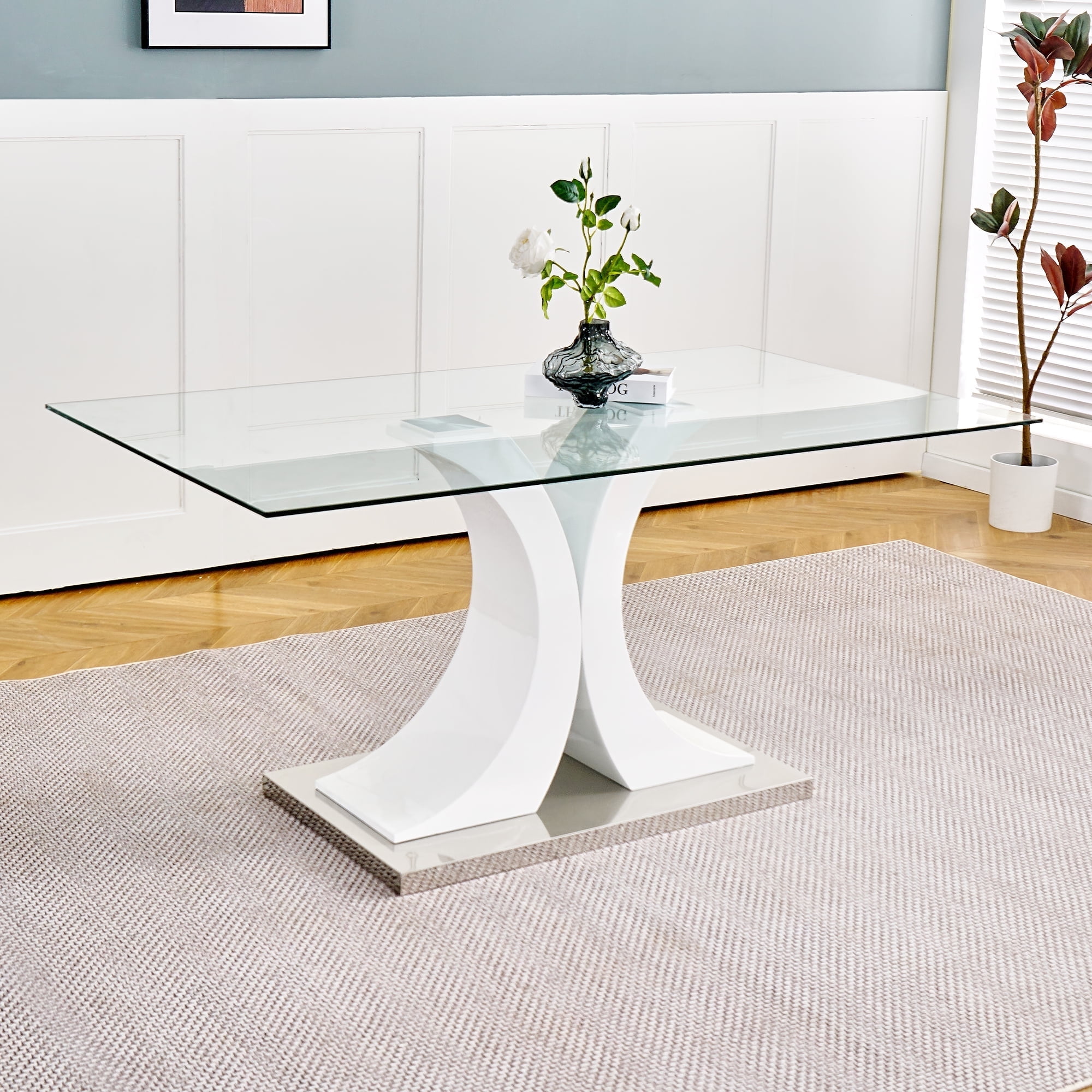 Sumdeal 63" rectangle Modern Glass Top Dining Room Table with White ...