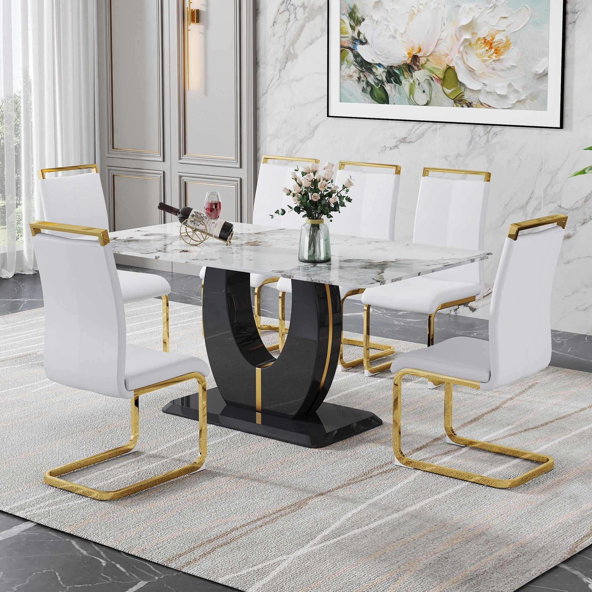 "Sumdeal 67"" Black Modern Faux Marble Dining Set for 6, 7 Piece with ...
