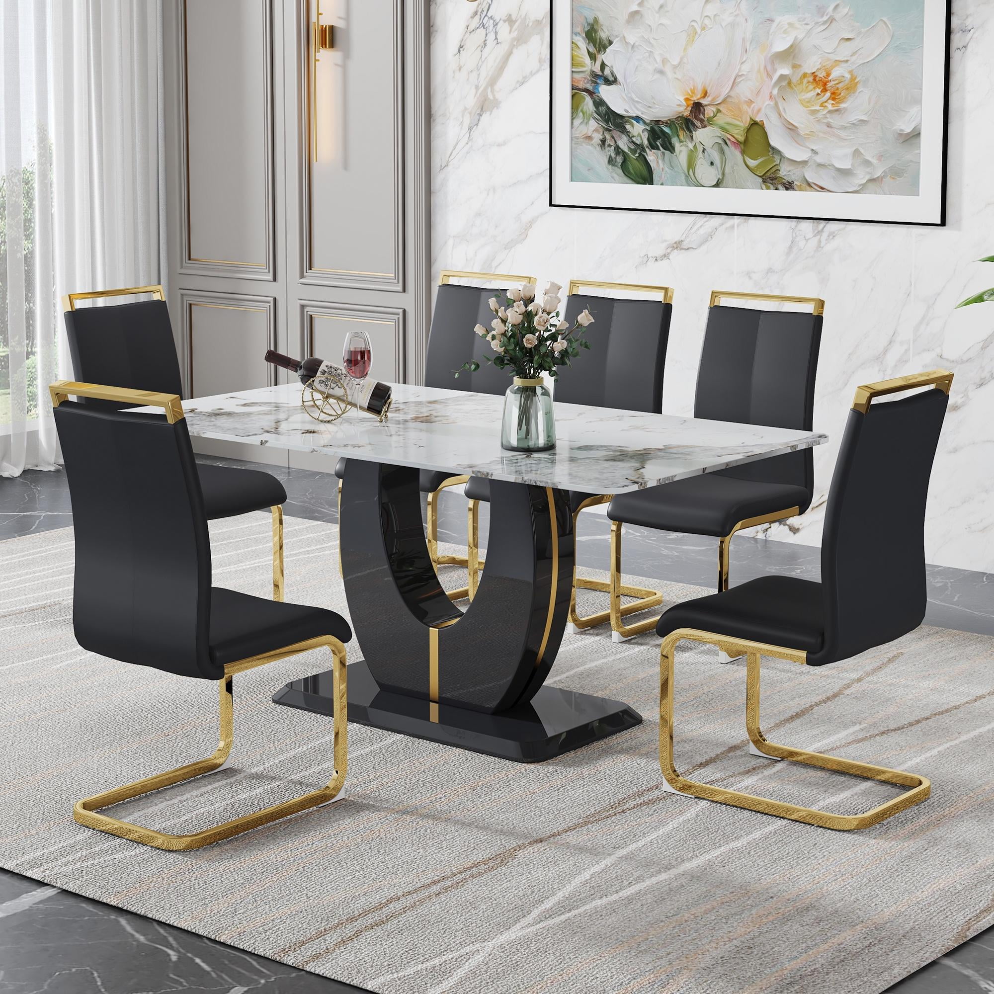 Black faux marble dining table store