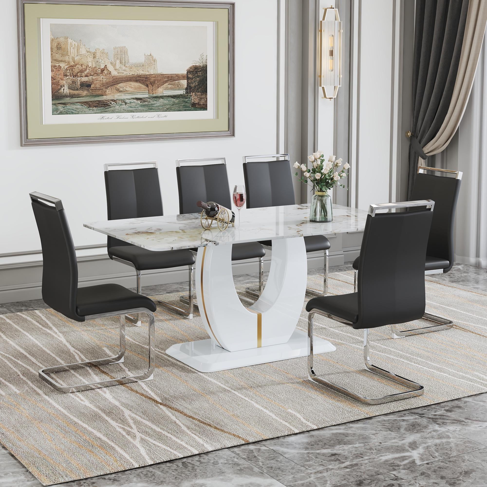 Sumdeal 67"Big Long Morden White Faux Marble Dining Room Table Set for ...
