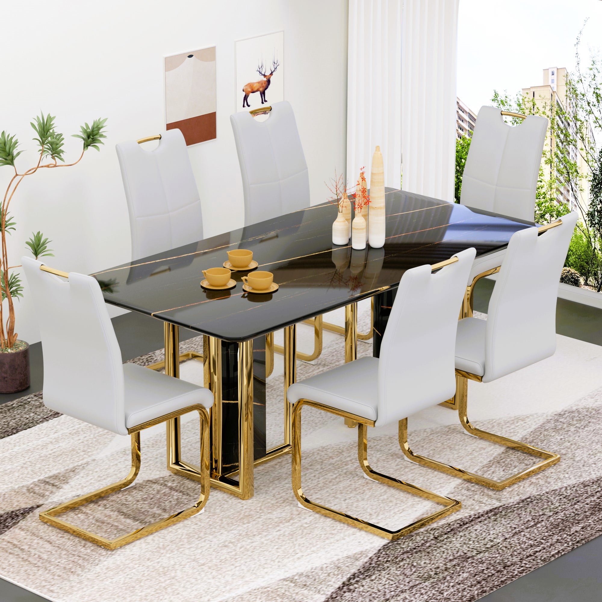 Sumdeal 67" Black Faux Marble Dining Table Room Set for 6,Modern Dining ...