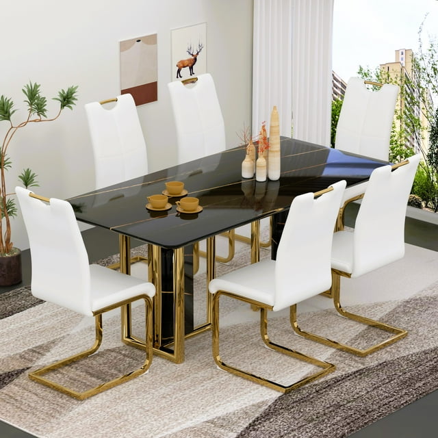 Sumdeal Uptown 7 Piece Glam MDF & Metal Dining Table Set, Gold ...
