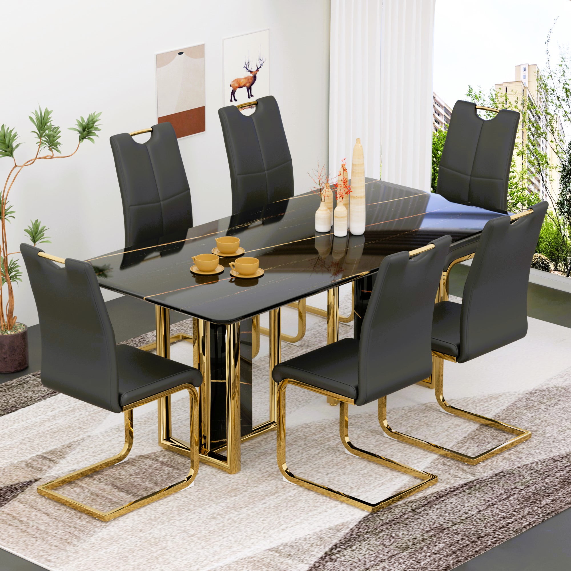Sumdeal Modern Dining Table Set 6 Black Faux Marble and Metal ...