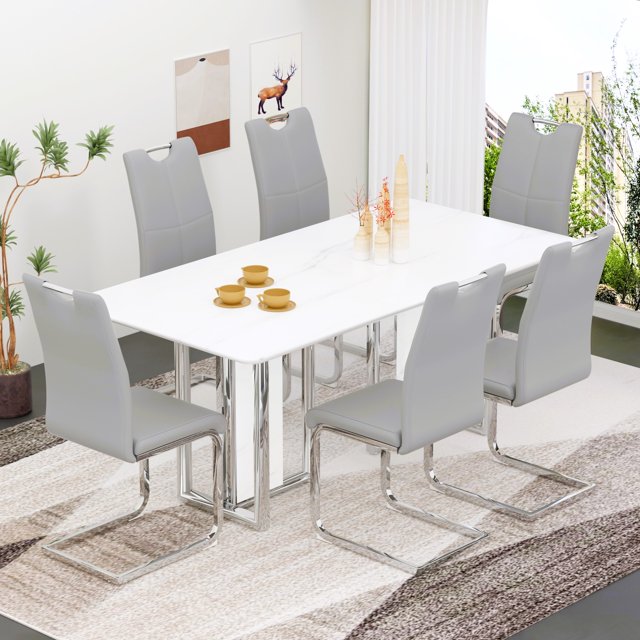 Sumdeal 67" White Faux Marble Dining Table Room Set for 6, Modern ...