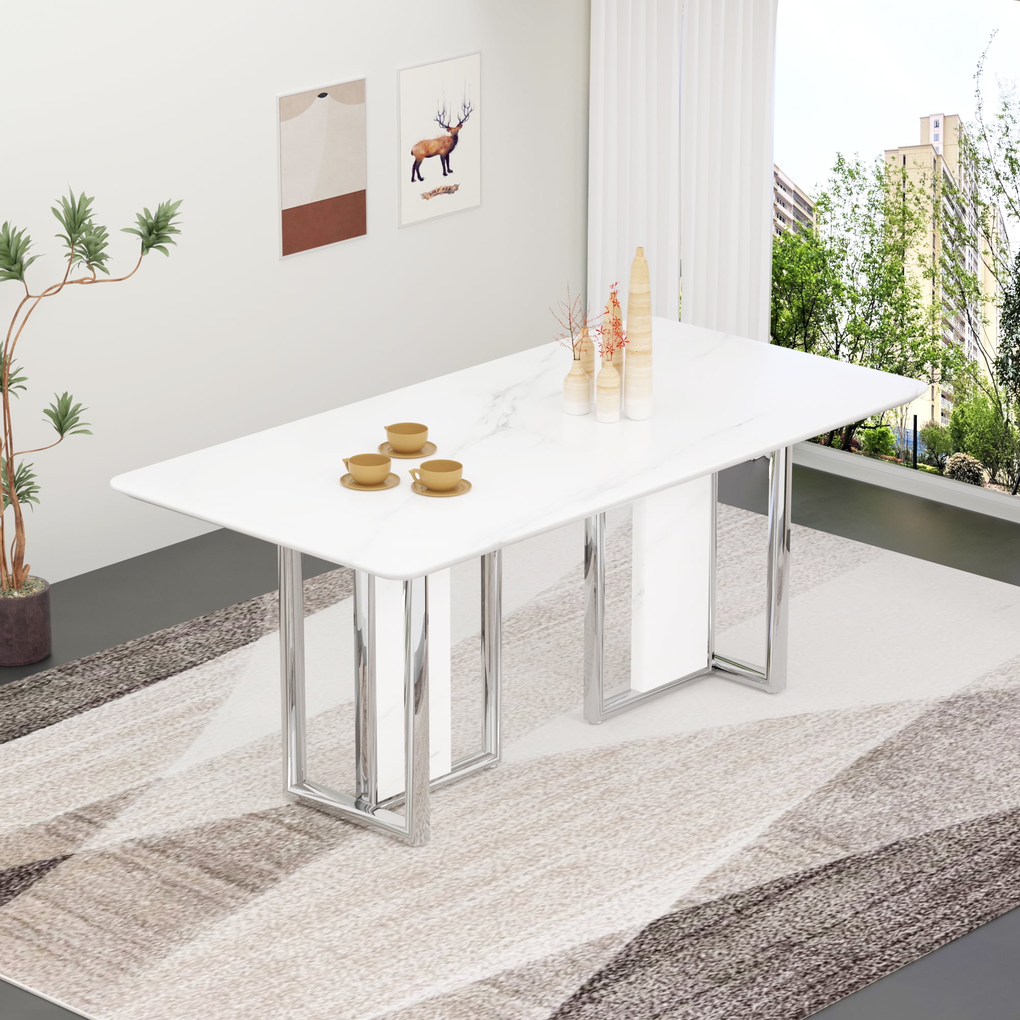 Sumdeal 67" White Faux Marble Dining Table for 6-8 people,Modern Dining ...