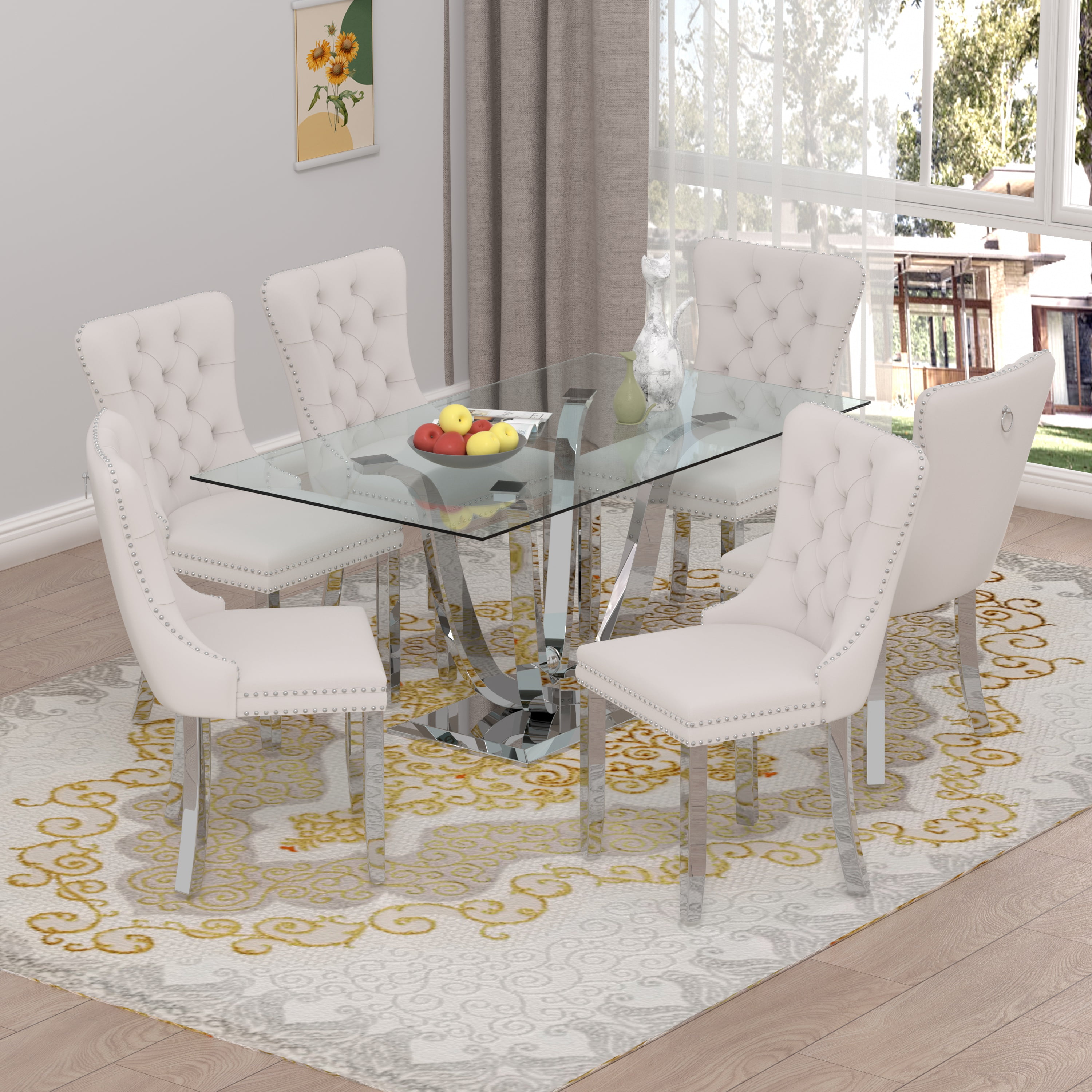 Sumdeal 70" Luxury Glass Dining Table Room Set for 6,Modern Rectangle ...