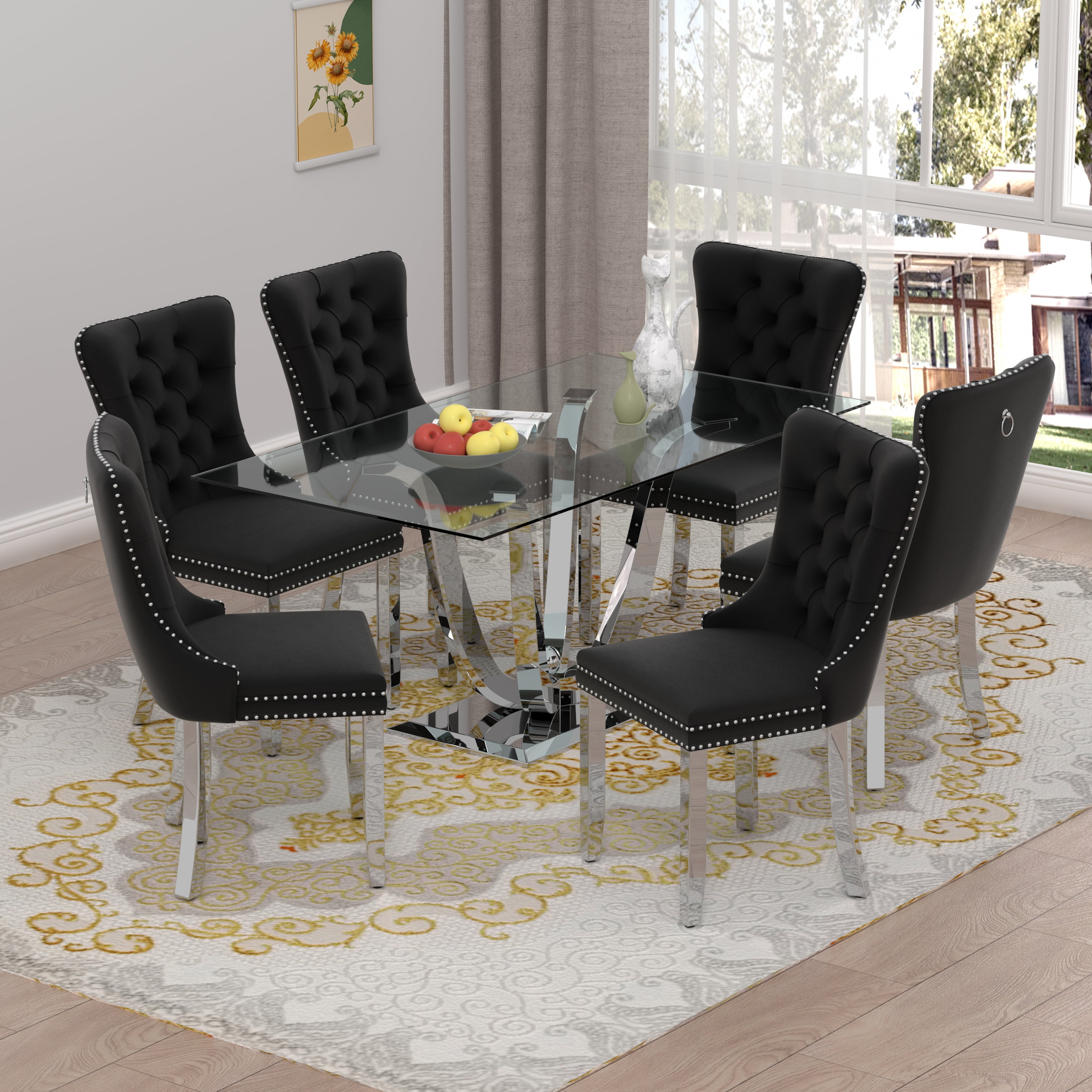 Sumdeal 70" Luxury Glass Dining Table Room Set for 6,Modern Rectangle ...