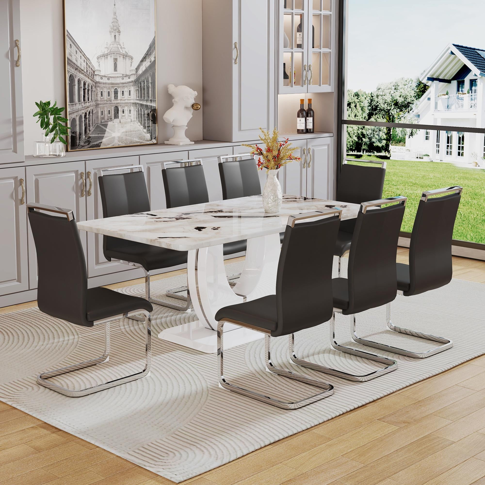 Sumdeal 71"Big Long Morden White Faux Marble Dining Room Table Set for ...