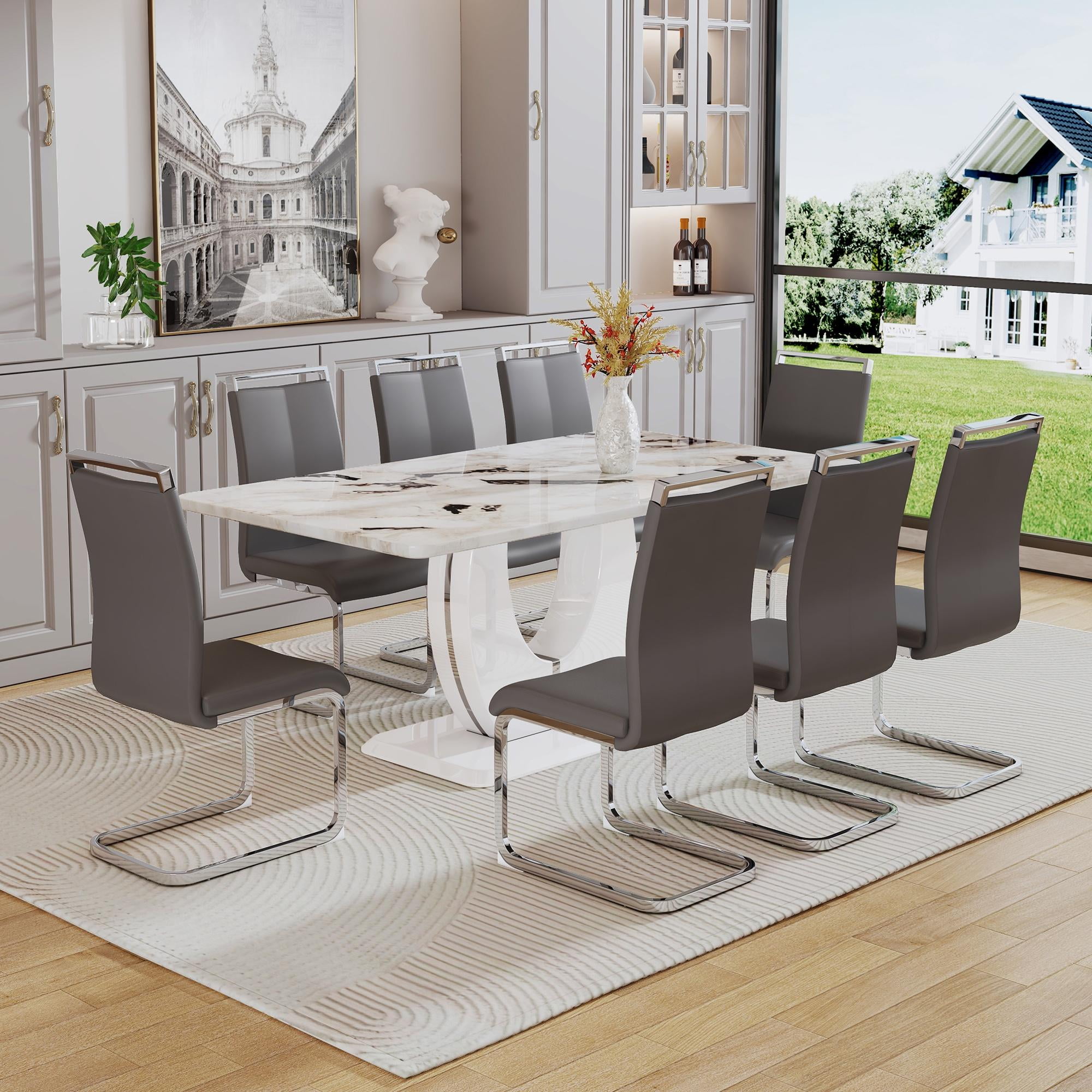 Sumdeal 71"Big Long Morden White Faux Marble Dining Room Table Set for ...
