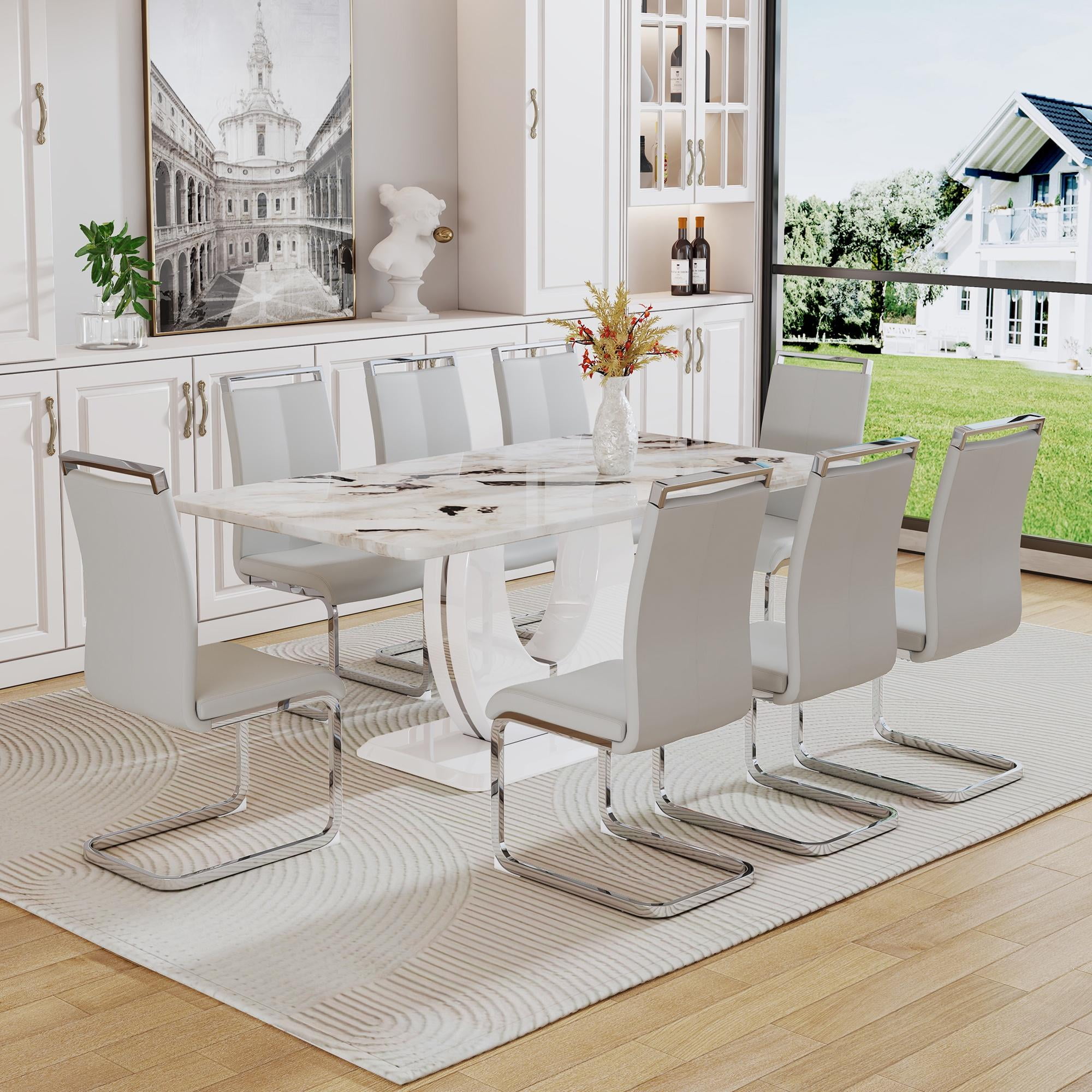 "Sumdeal 71"" Modern 9-Piece Dining Set, Faux Marble Table & 8 PU ...