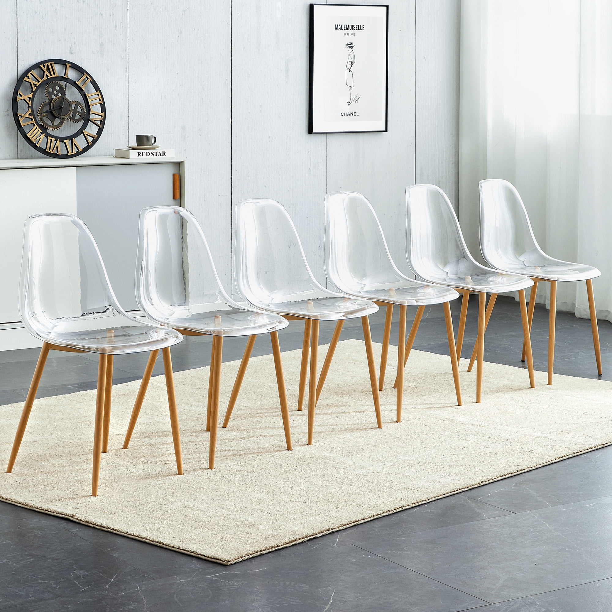 Sumdeal Clear Dining Chairs Set of 6 Modern Kitchen Chairs with Transparent Seat Acrylic Accent Side Chairs with Metal Legs for Dining Room Kitchen Living Room Wood Leg 6 Walmart