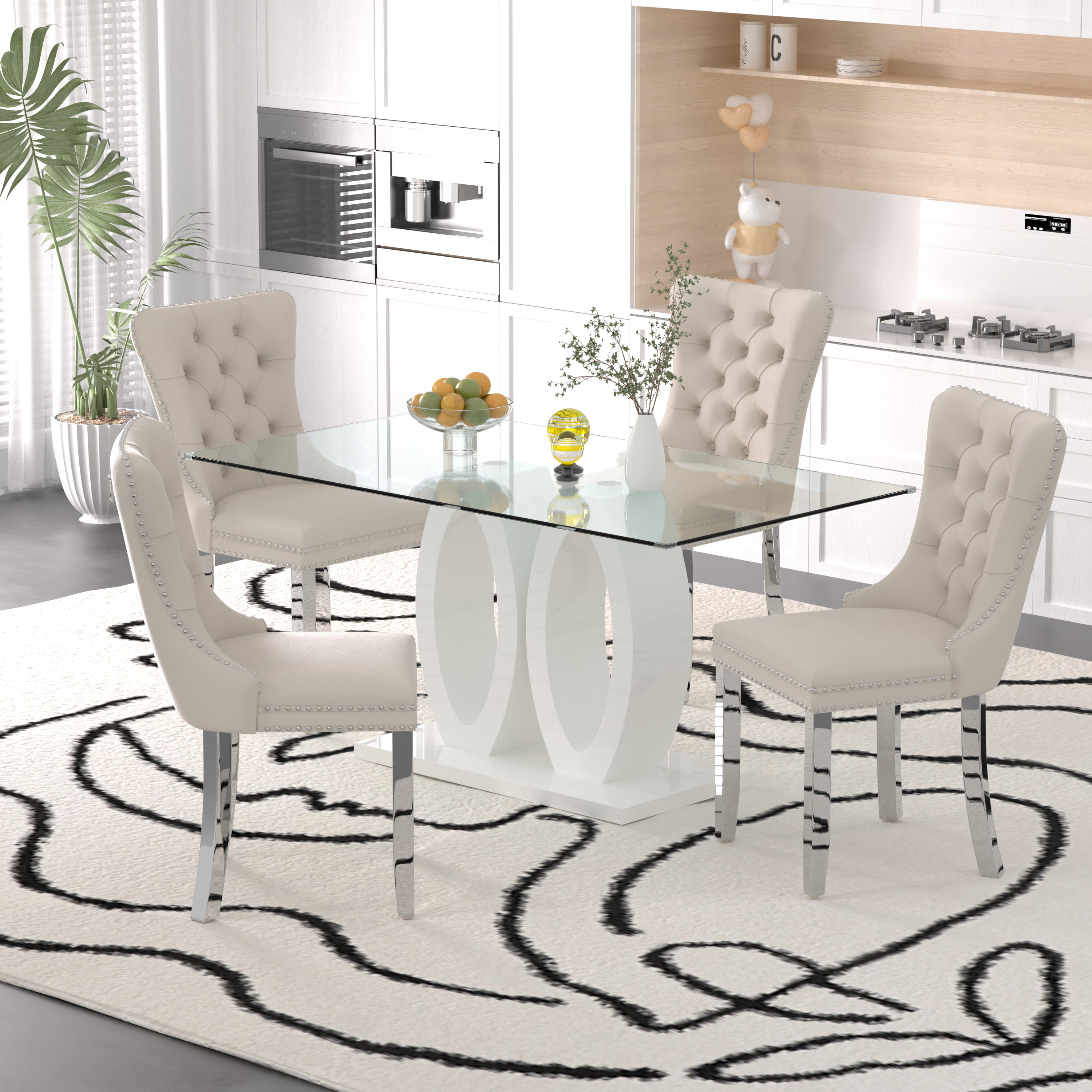 Sumdeal Contemporary 5-Piece Dining Table Set - 63" Tempered Glass ...