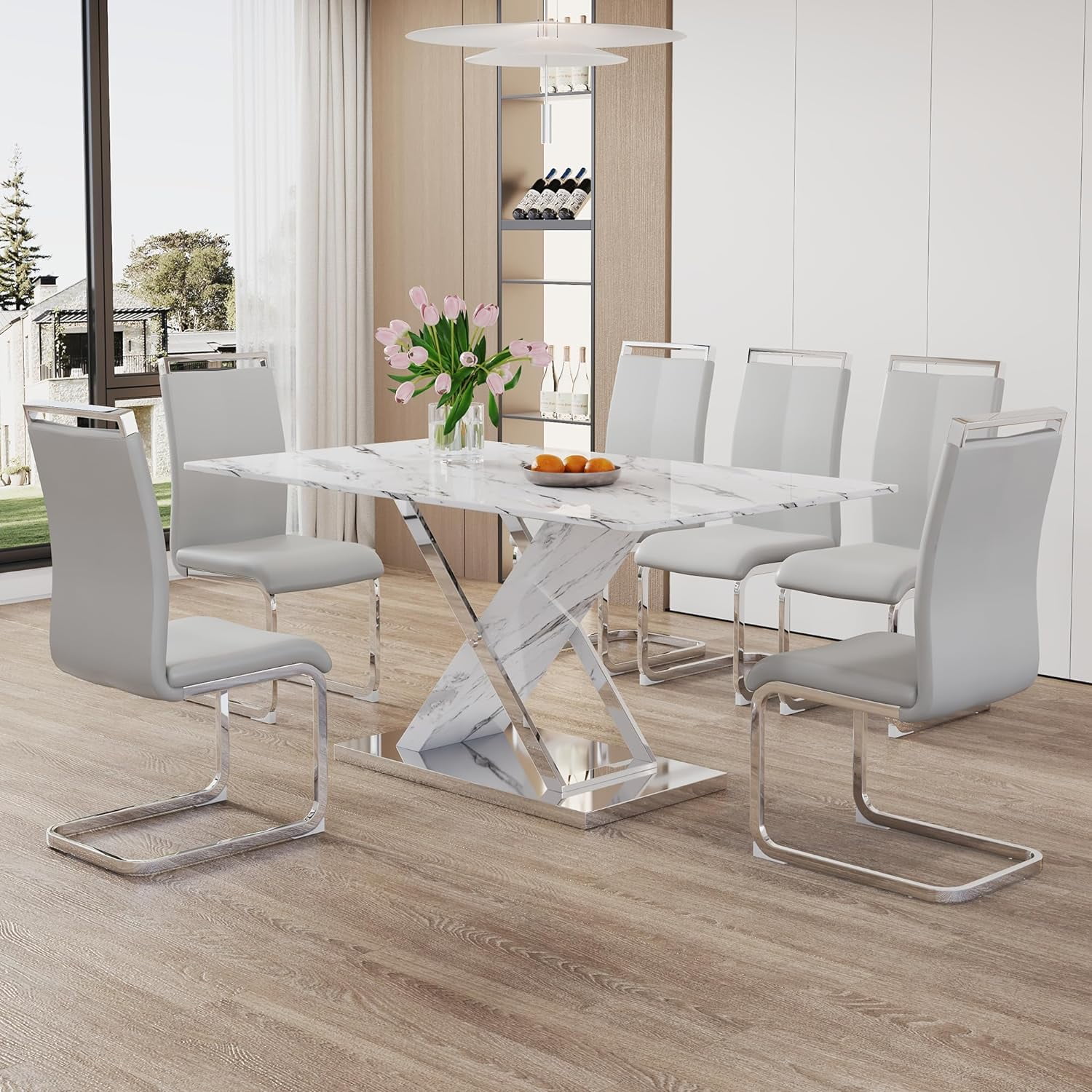 Sumdeal Modern Kitchen Dining Table Set for 6, Faux Marble Table and 6 ...