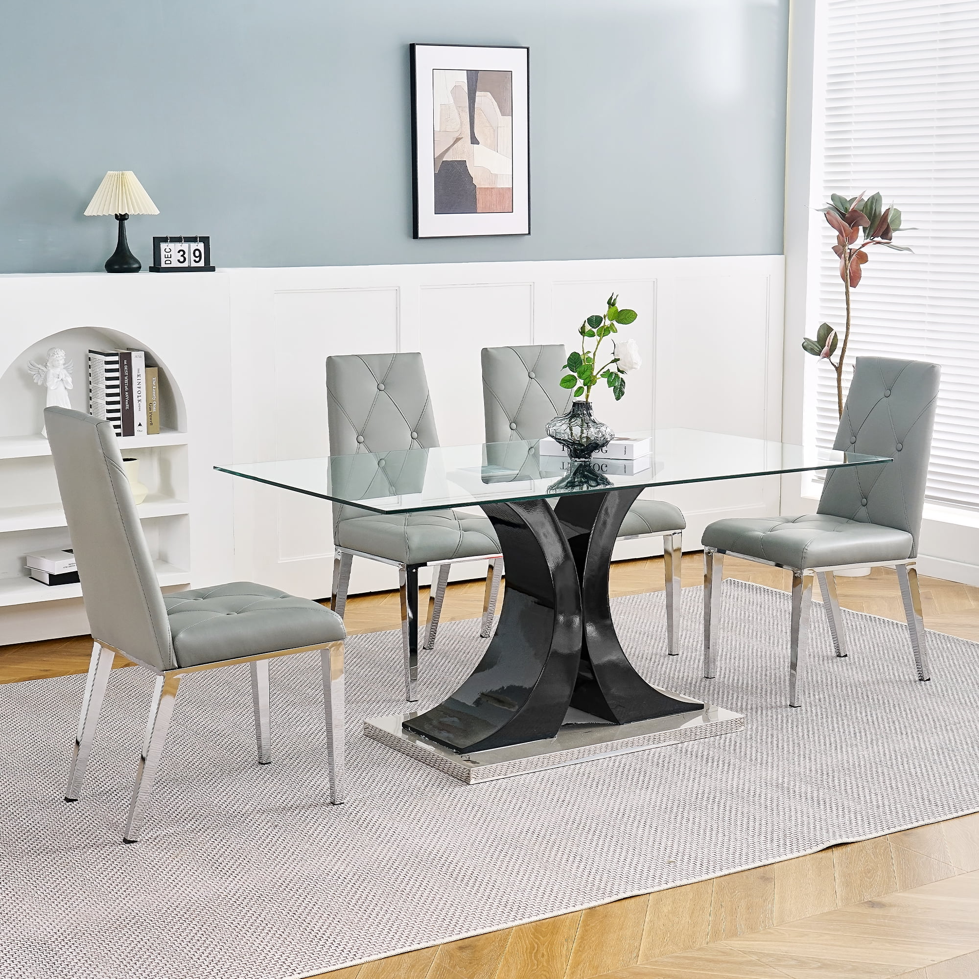 Sumdeal 63 Inch Rectangular Glass Dining Set for 4, Gray PU Leather ...