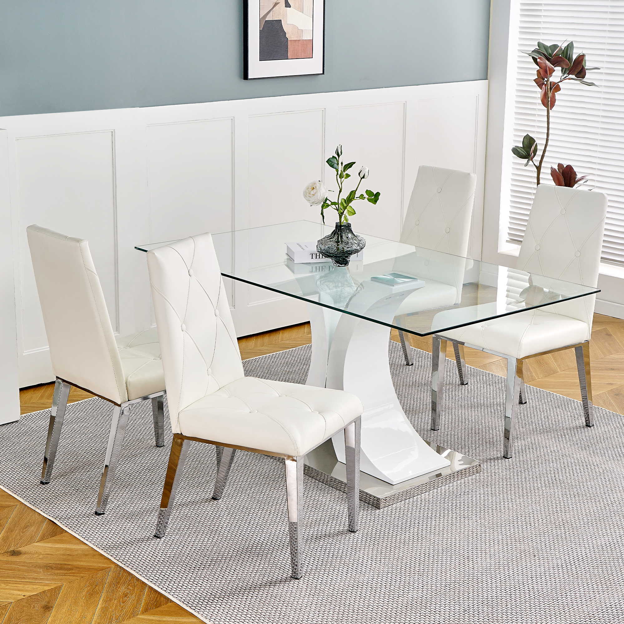 Sumdeal Glass Dining Room Table Sets for 4,Glass Top White Silver Base ...