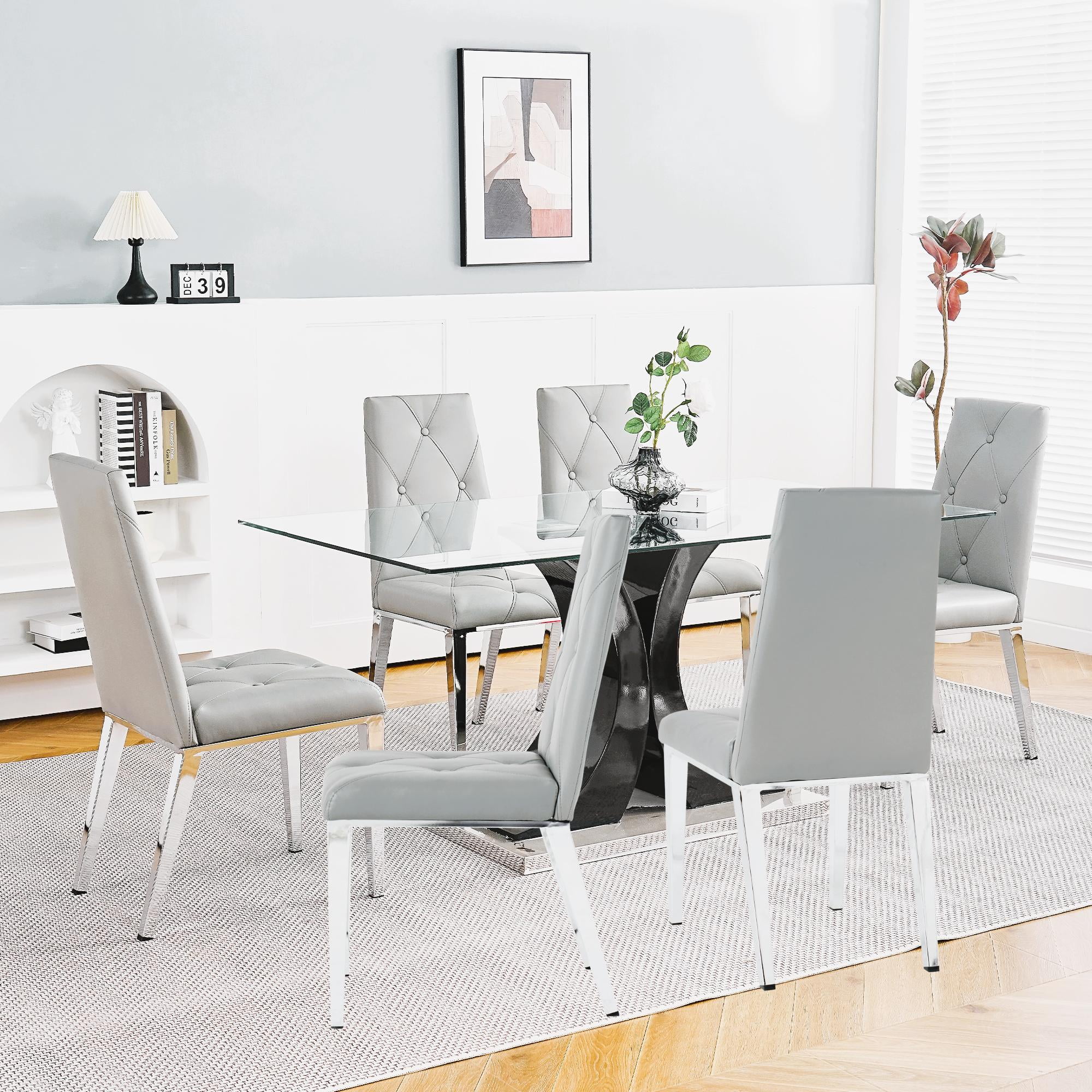 Sumdeal Glass Dining Room Table Sets for 6,Glass Top Black Silver Base ...