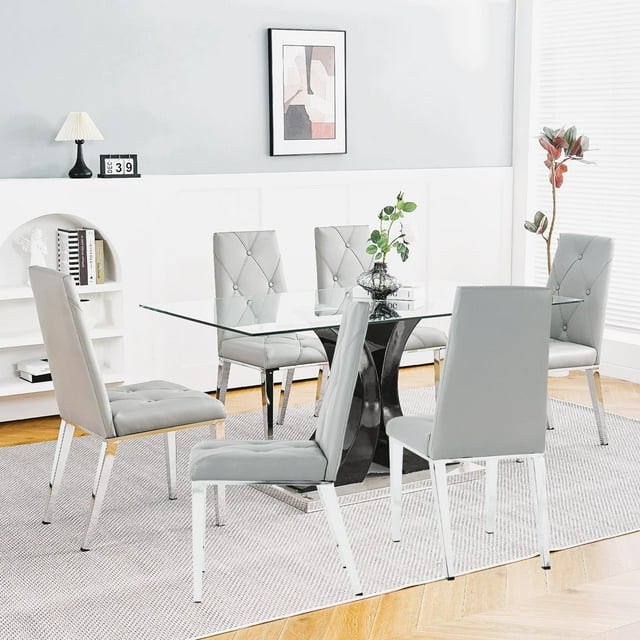 Sumdeal Glass Dining Room Table Sets for 6,Glass Top Black Silver Base ...