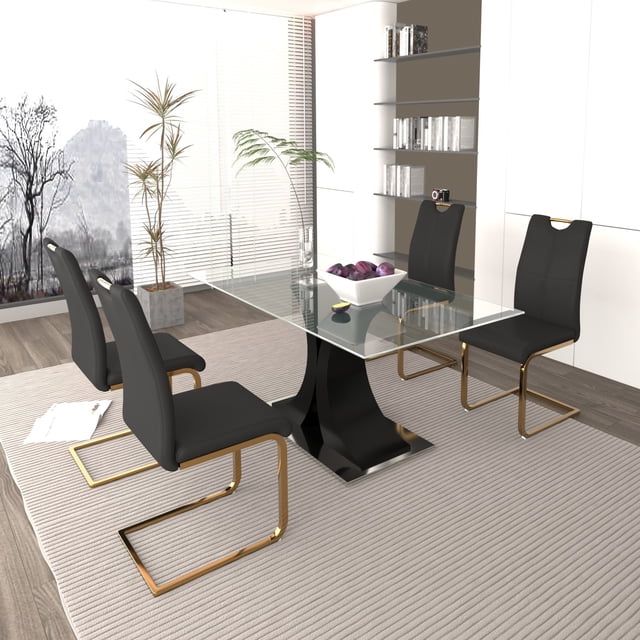 Sumdeal Glass Dining Table Set for 4,Glass Top Black Base Dining Table ...