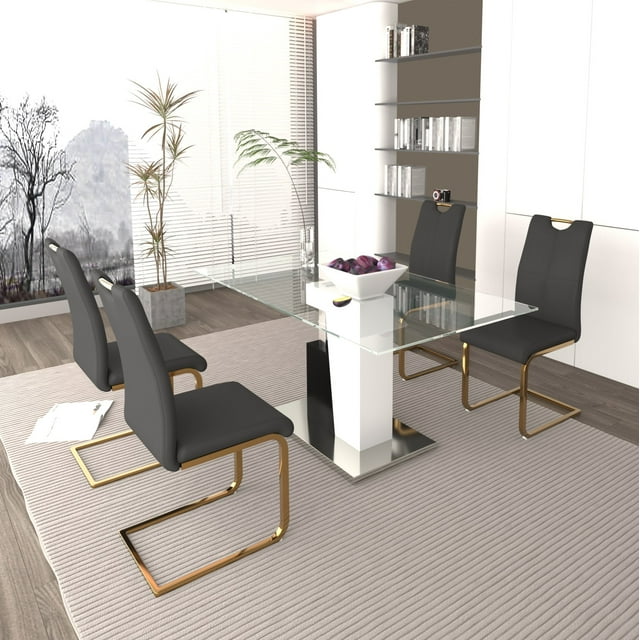 Sumdeal Glass Dining Table Set for 4,Glass Top Black White Base Dining ...