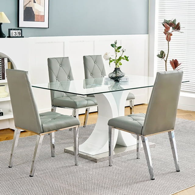 Sumdeal Glass Dining Table Set for 4,Glass Top White Silver Base Dining ...
