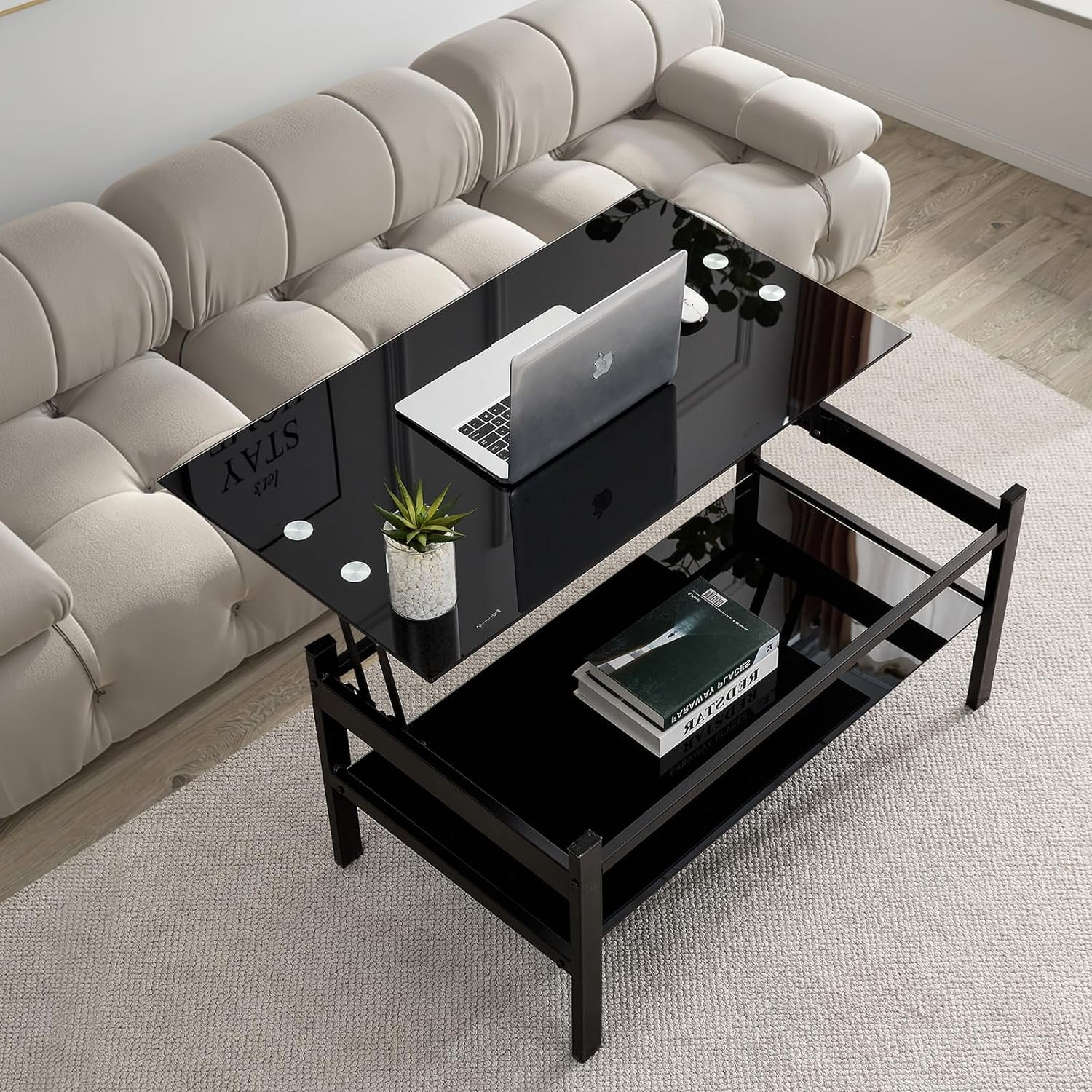 Sumdeal Lift Top Coffee Table with Storage, Glass Tabletop & Metal ...