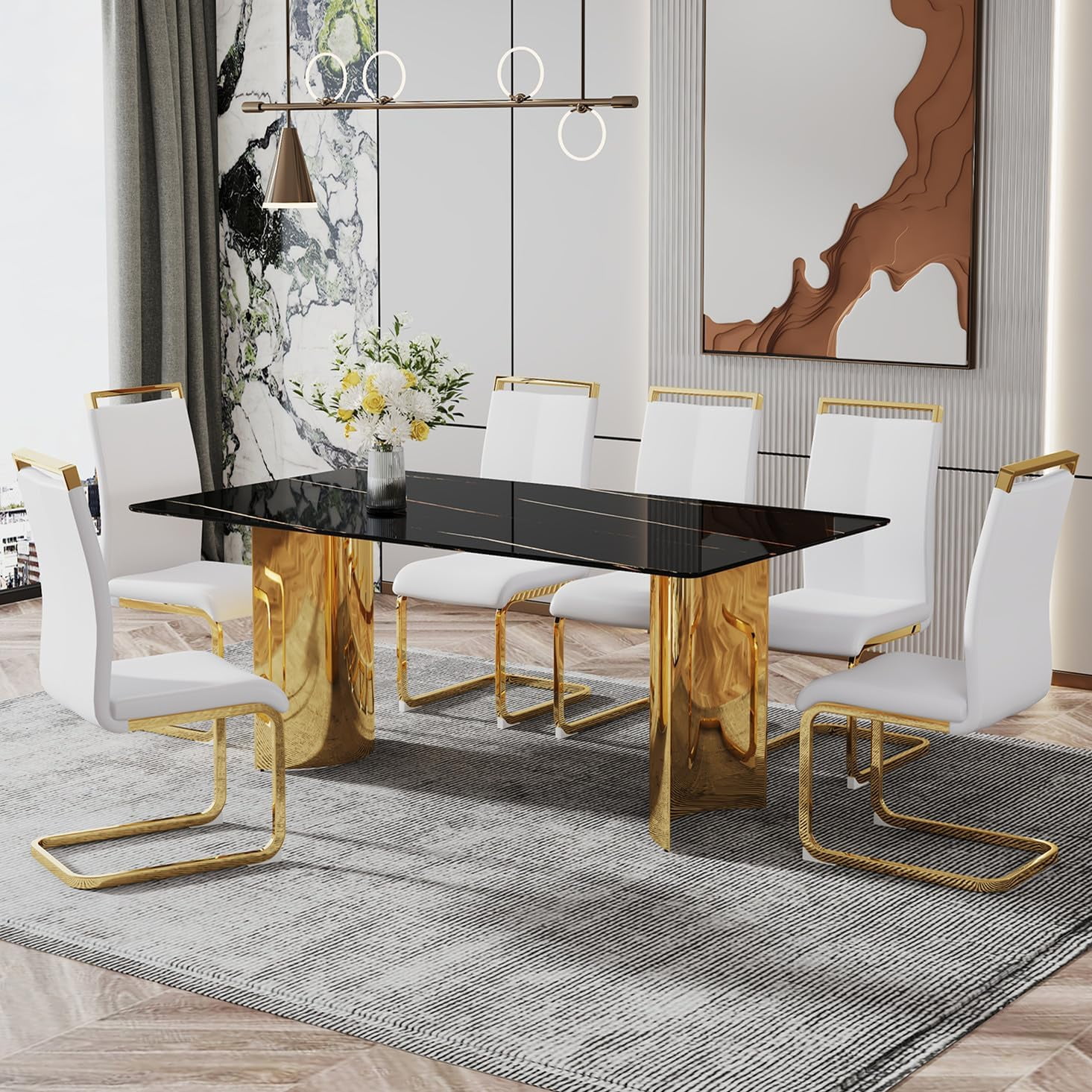 Sumdeal Luxury Black Faux Marble Dining Table Sets for 6, Classic ...