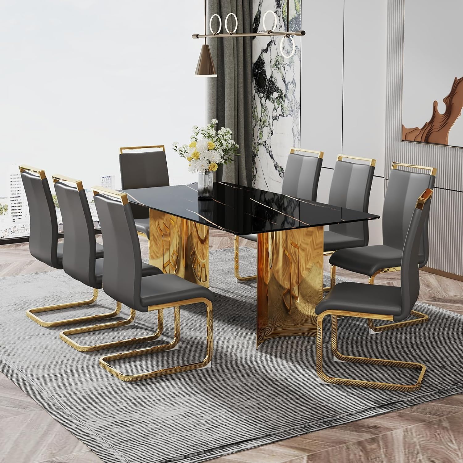 Sumdeal Luxury Black Faux Marble Dining Table Sets for 8, Classic ...
