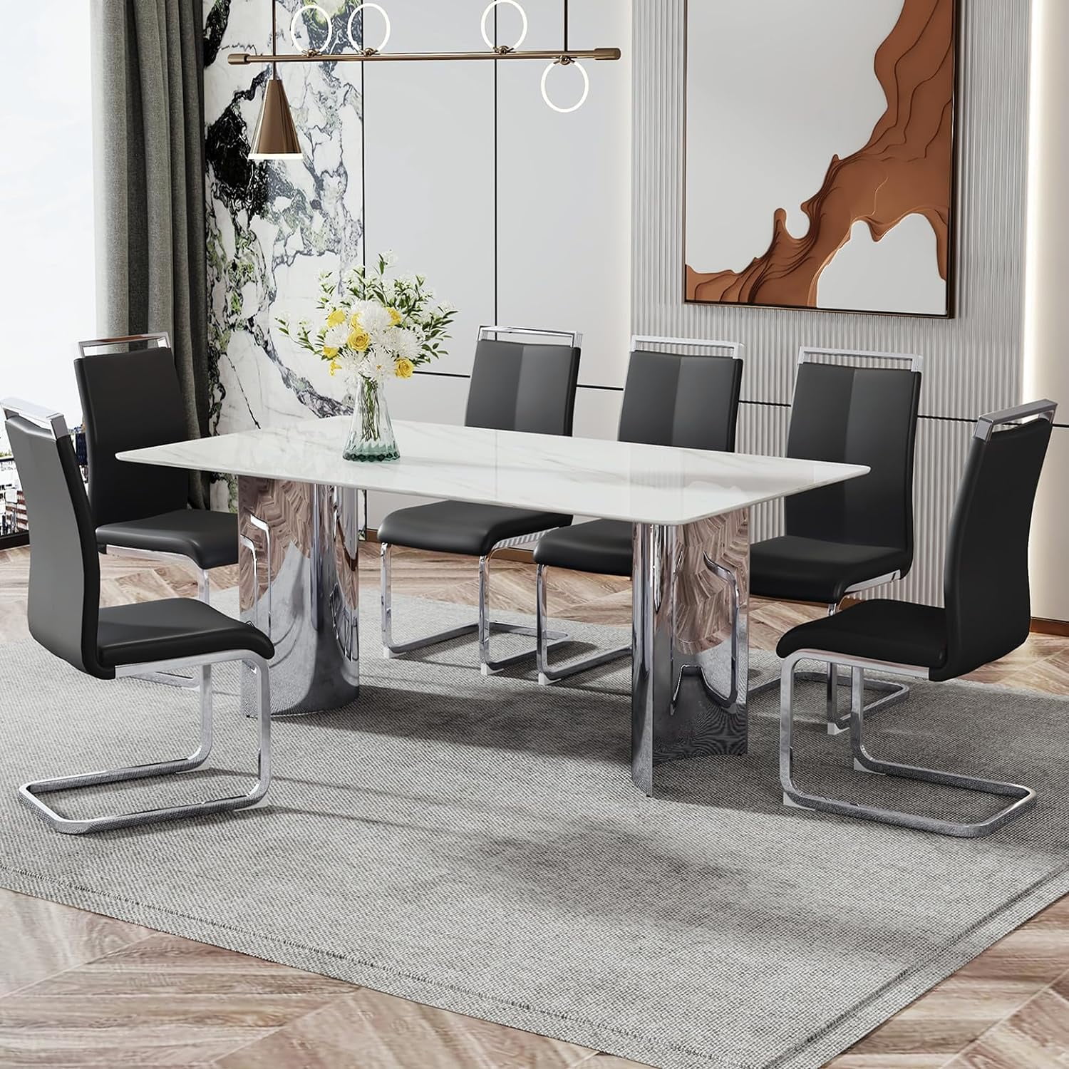 Sumdeal Luxury White Faux Marble Dining Table Set for 6, Modern Kitchen Table with 6 Black ...