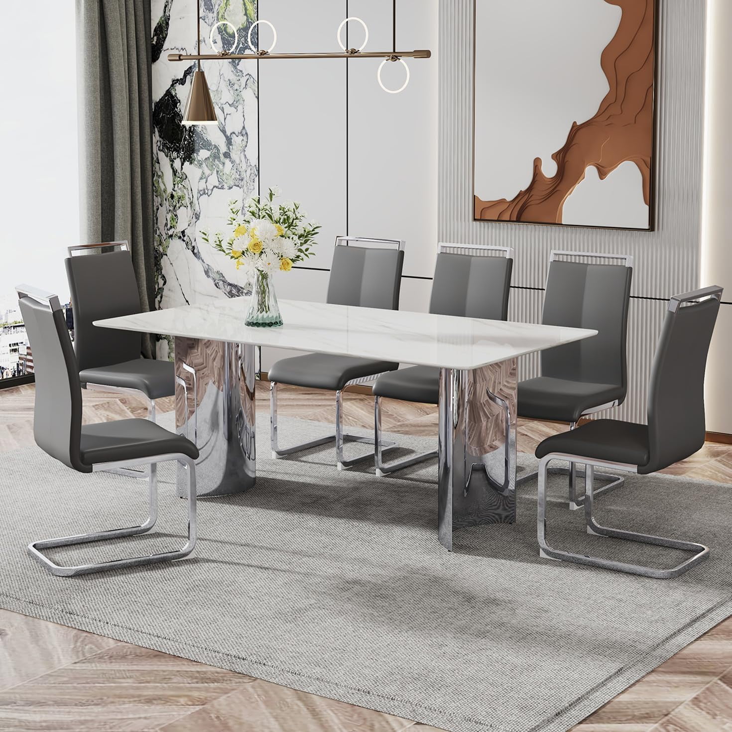 Sumdeal Luxury White Faux Marble Dining Table Set for 6, Modern Kitchen ...