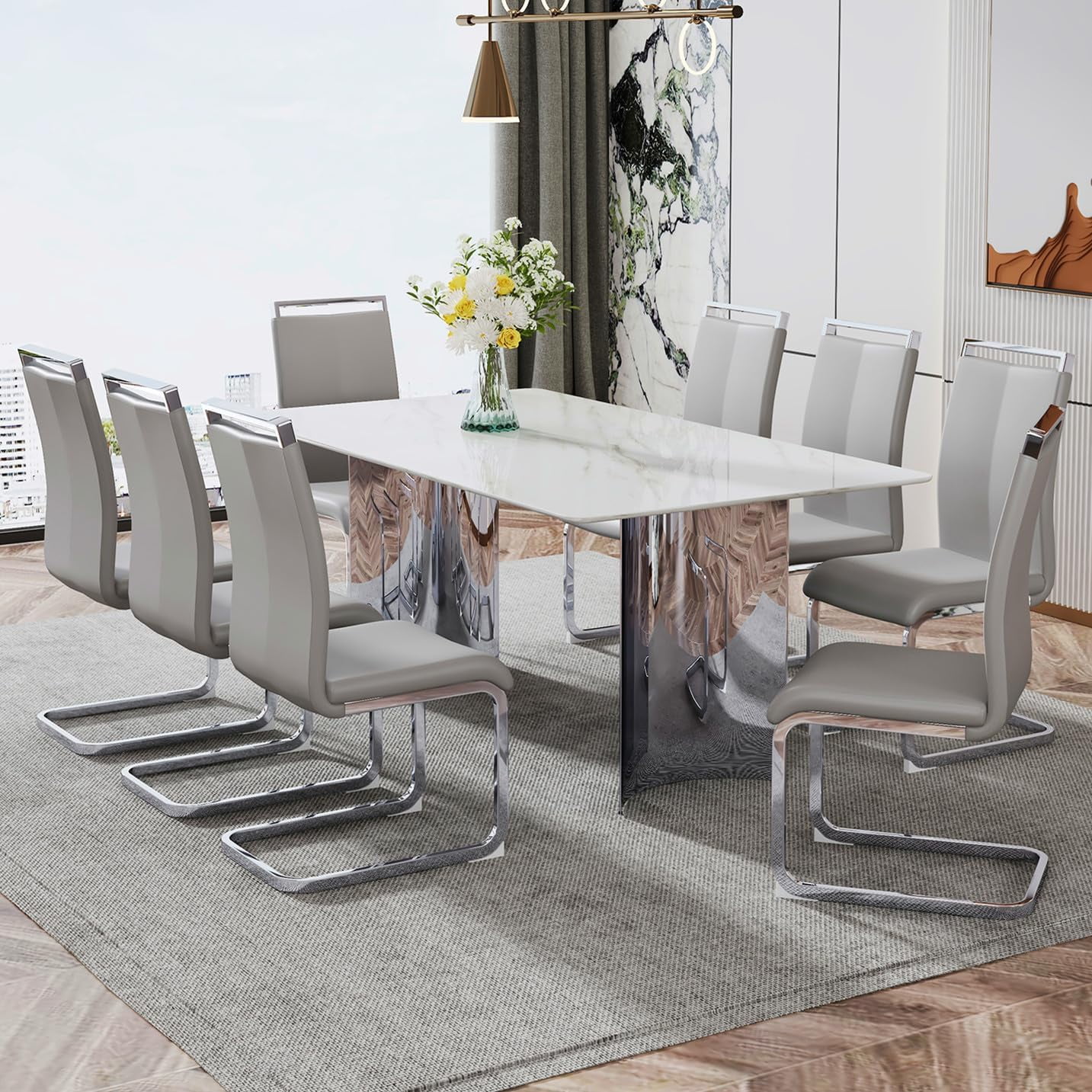 Sumdeal Luxury White Faux Marble Dining Table Sets for 8, Classic ...