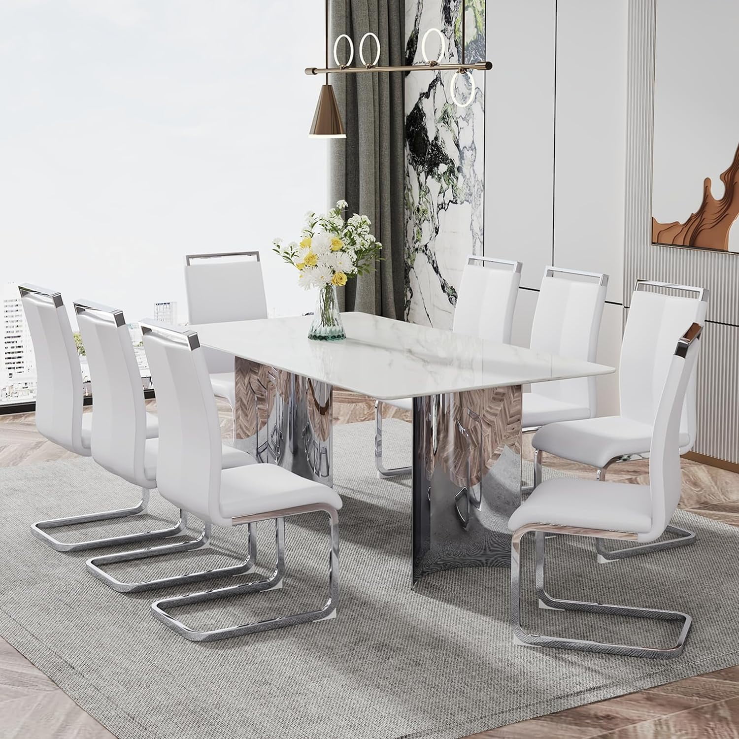 Sumdeal Luxury White Faux Marble Dining Table Sets for 8, Classic ...