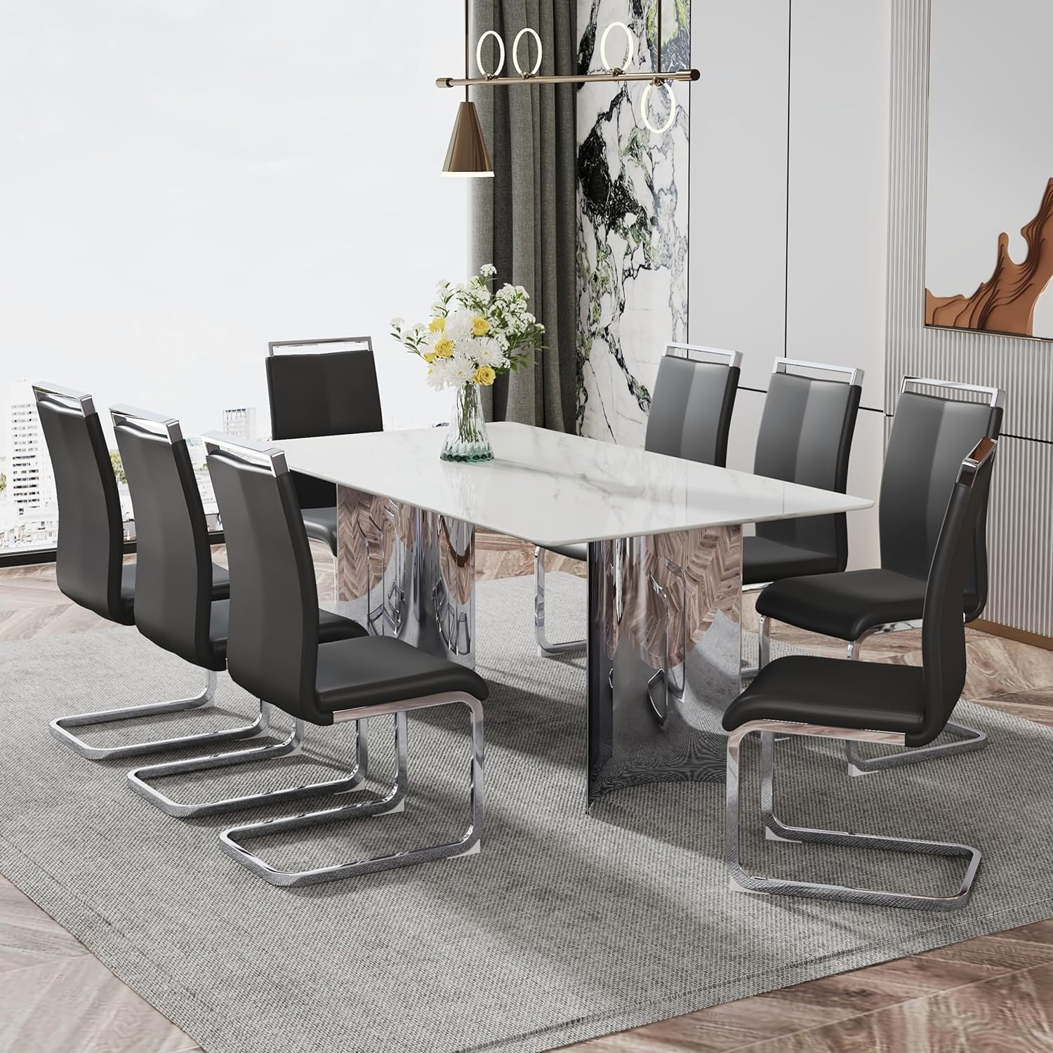Sumdeal Luxury White Faux Marble Dining Table Sets for 8, Classic ...