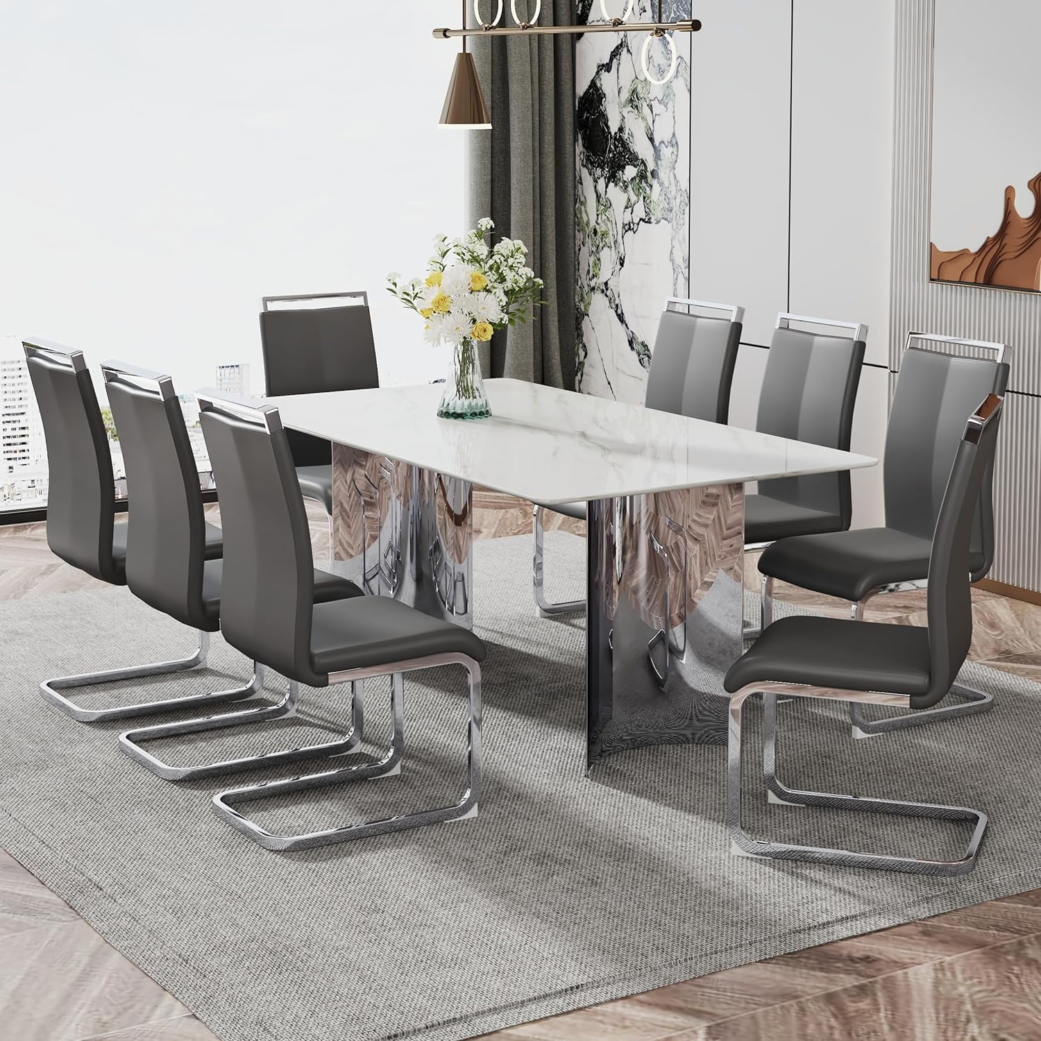 Sumdeal Luxury White Faux Marble Dining Table Sets for 8, Classic ...