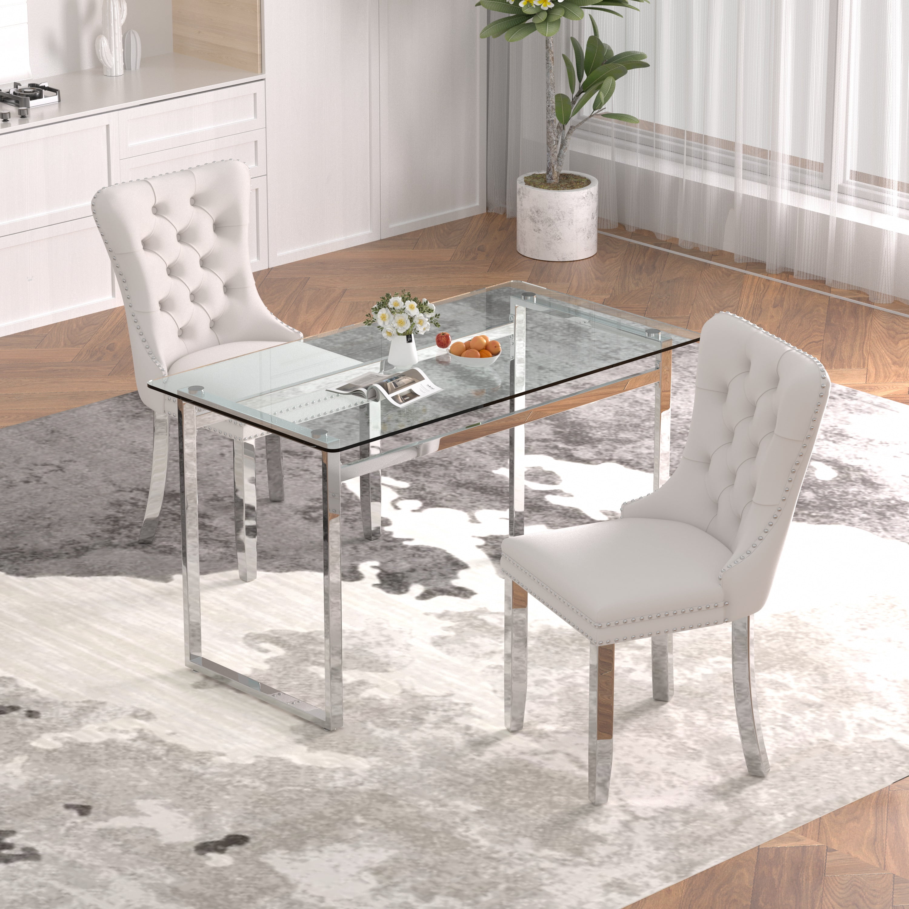 Sumdeal Modern 51" Rectangular Glass Dining Table with 2 Luxurious ...