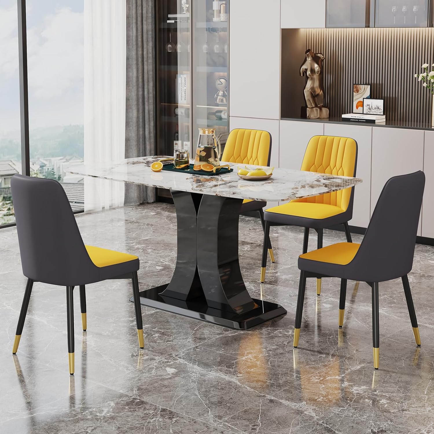 Montary 63 inch Engineered Stone Kitchen Dining Table Set with 6 Chairs ...