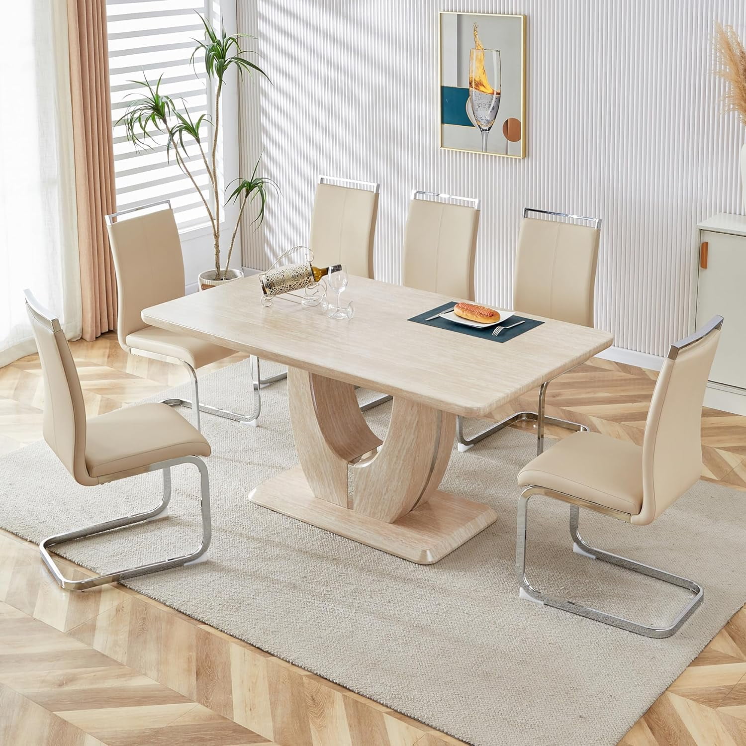 Sumdeal Modern Faux Marble Dining Table Sets for 6,Rectangula Kitchen ...