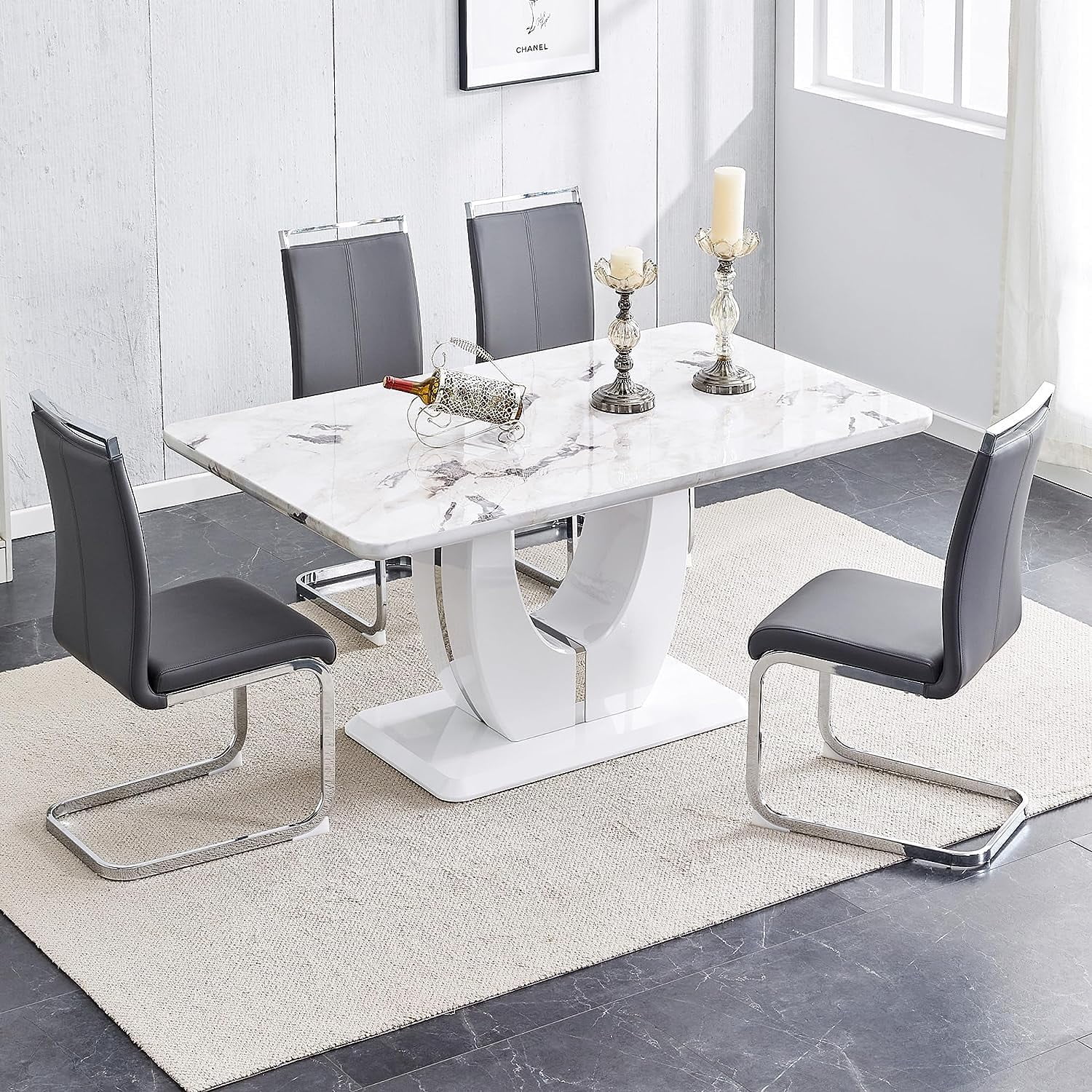 Sumdeal White Marble Dining Room Table Sets for 4, White Table with 4 Black Chairs - Walmart.com