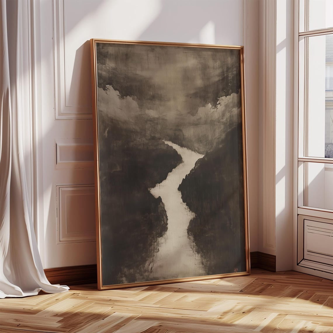 Sumi E Art River Landscape With Dark Ink Mountains Japanese Ink Wash ...