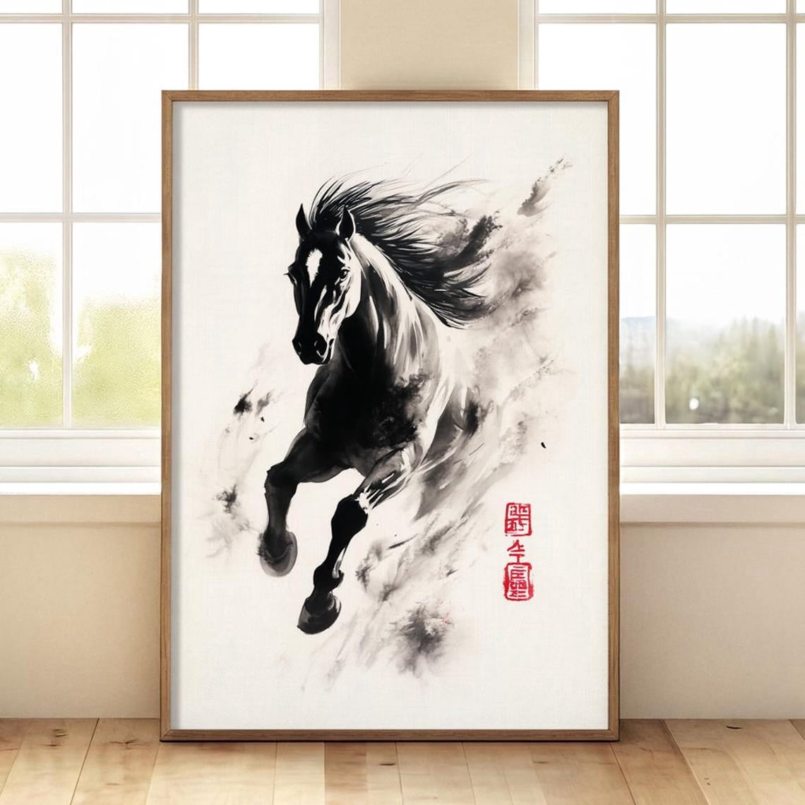 Sumi Ink Horse Japanese Style Stallion Minimalist Black And White Horse ...