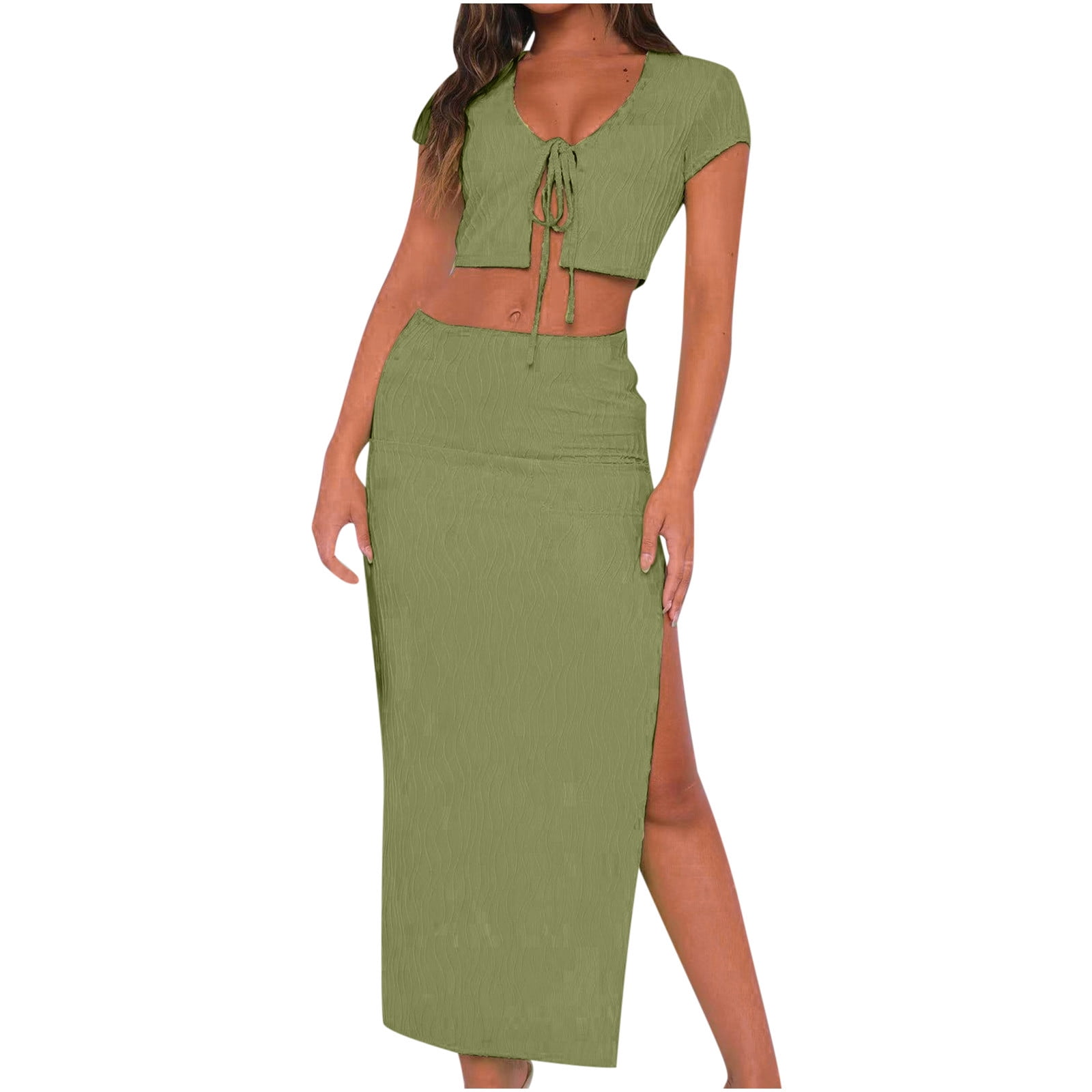 Summer 2 Piece Outfits for Women V Neck Lace up Short Sleeve Crop Tops ...