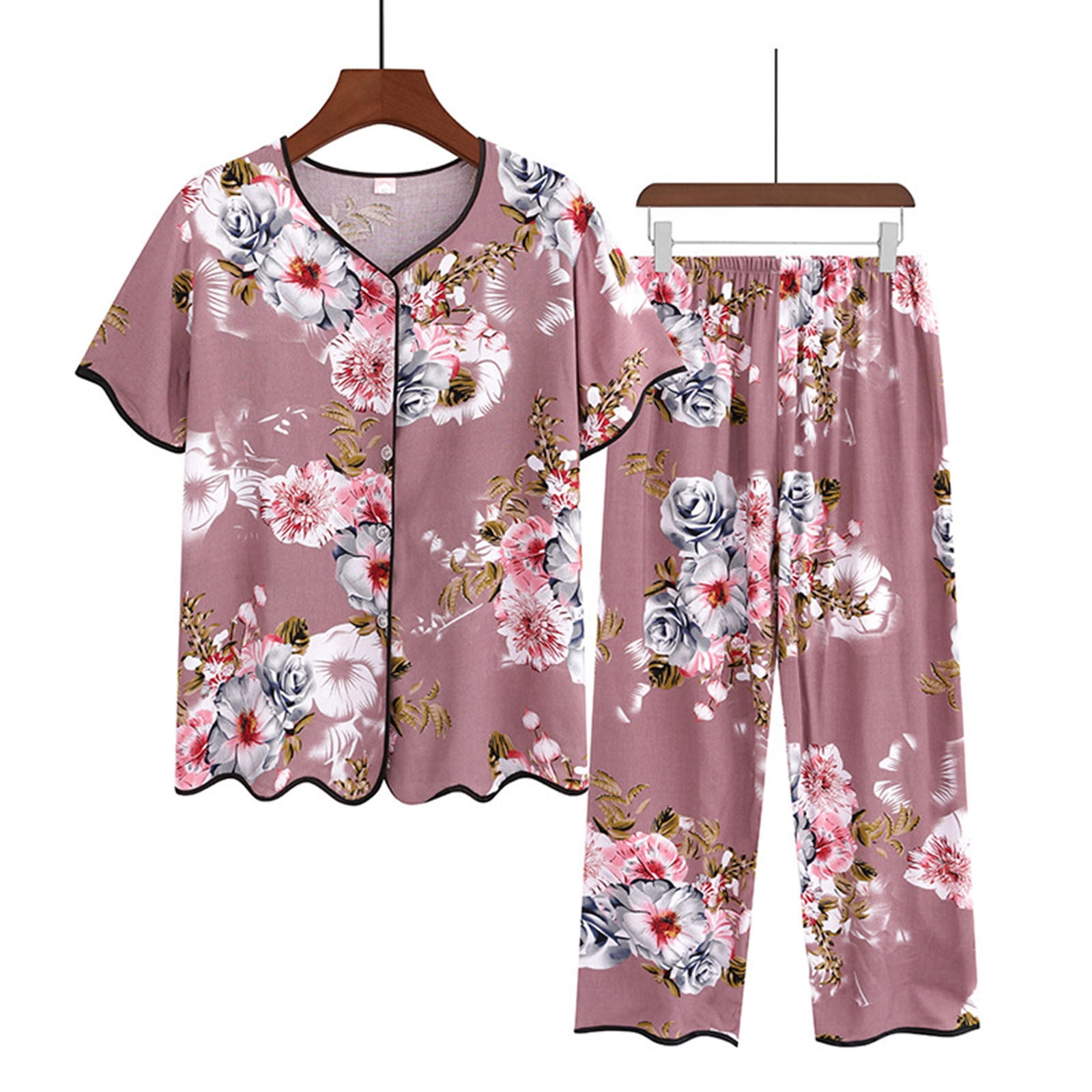 Summer 2 Piece Set for Women's Heart Printed Short Sleeve Button Down ...