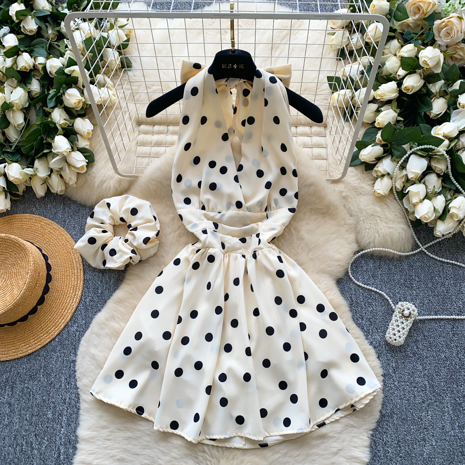 Summer 2025 French Style Polka Dot Neck Hanging Dress Women's Slim Fit ...