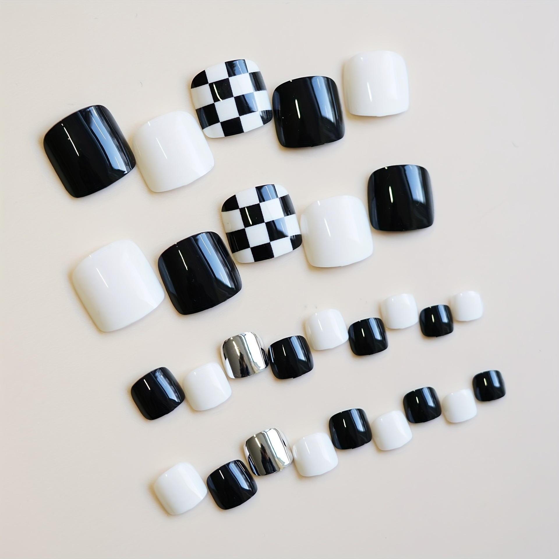 Summer 24pcs Glossy Short Square Black And White Press On Toenails ...