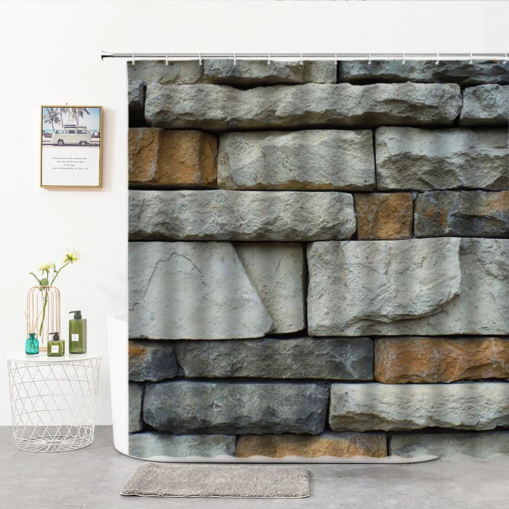 Summer 3D Shower Curtains Realistic Stone Ramparts Brick Wall And ...