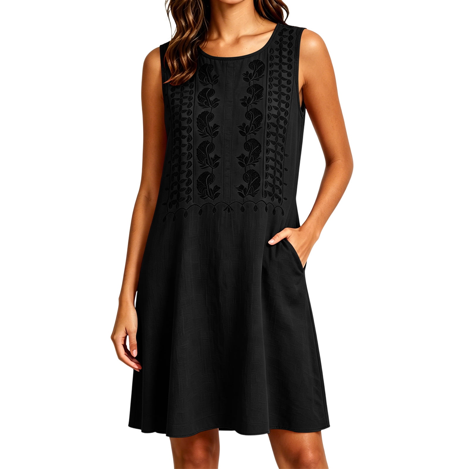 Summer A-Line Dresses for Women Embroidered Beach Casual Sleeveless ...
