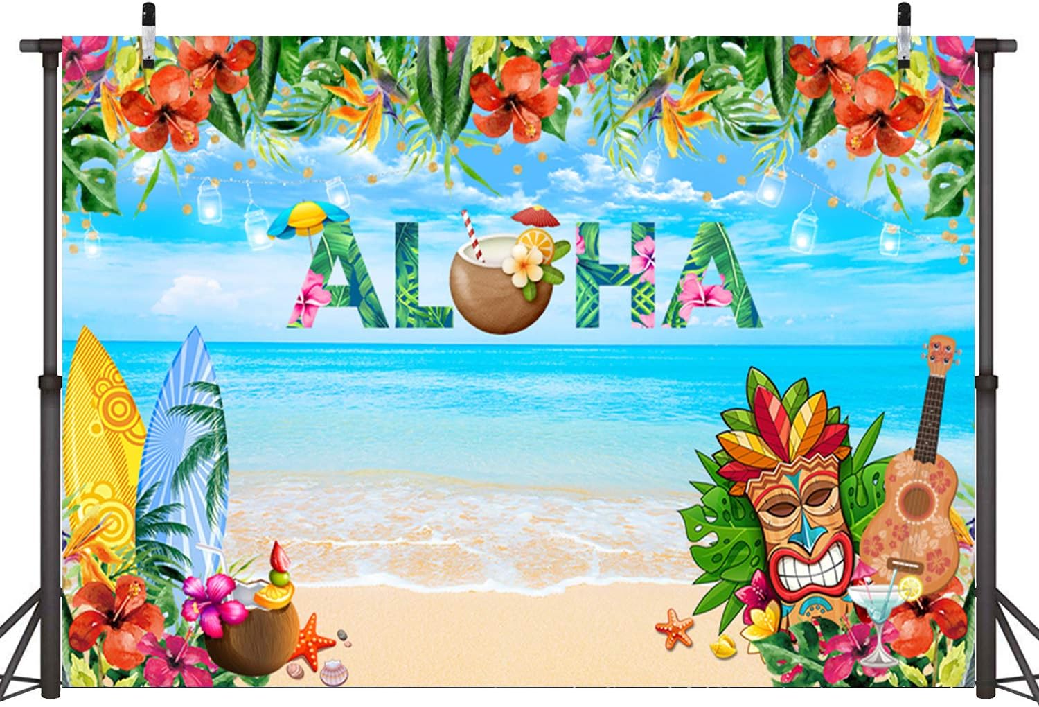Summer Aloha Luau Party Backdrop for Tropical Hawaiian Beach Tiki ...