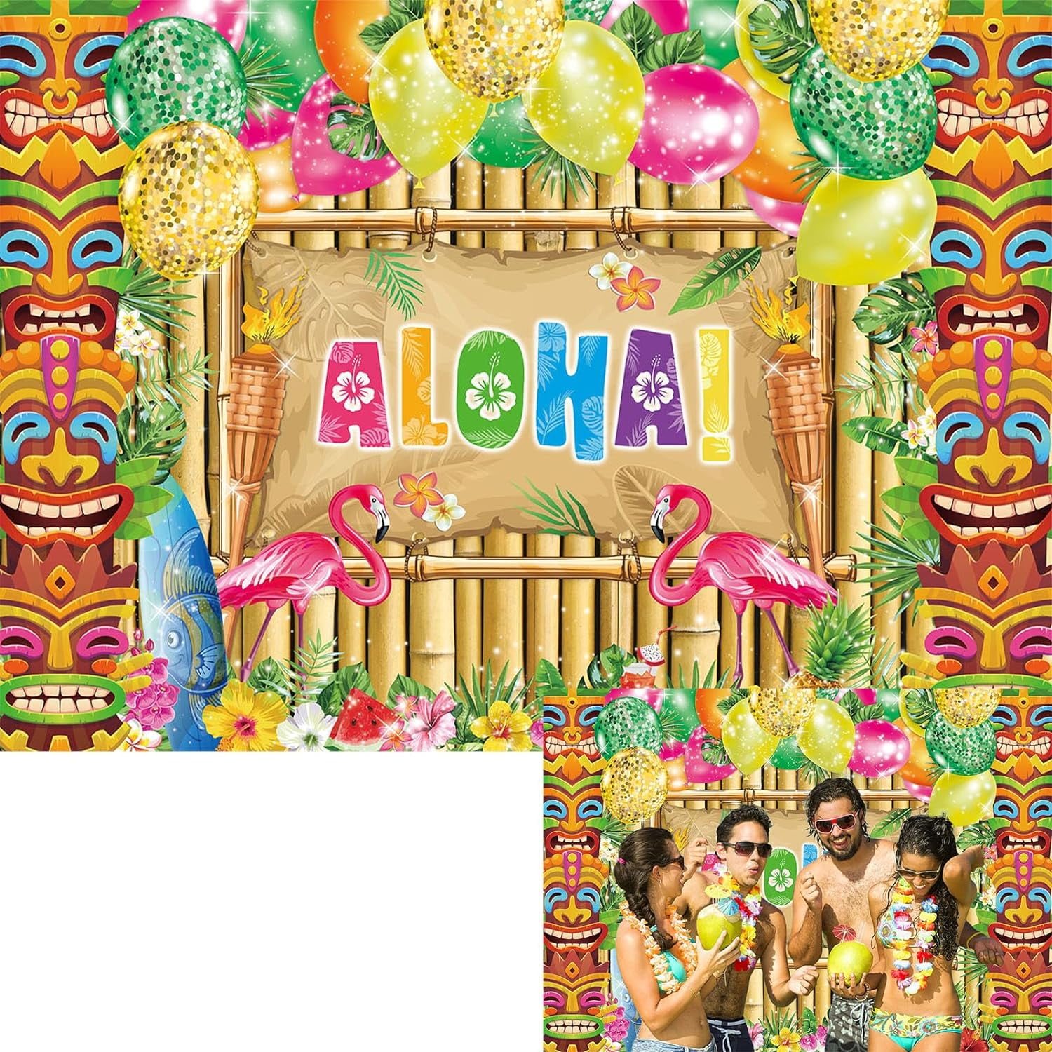 Summer Aloha Luau Party Backdrop Tropical Tiki Totem Hawaiian Flamingo ...