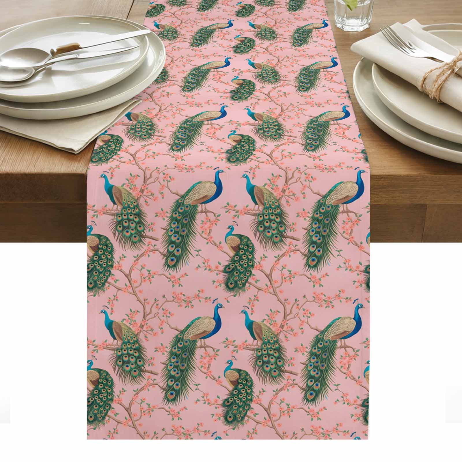 Summer Animal Table Runner 13 x 72 Inch, Retro Tropical Green Peacock ...